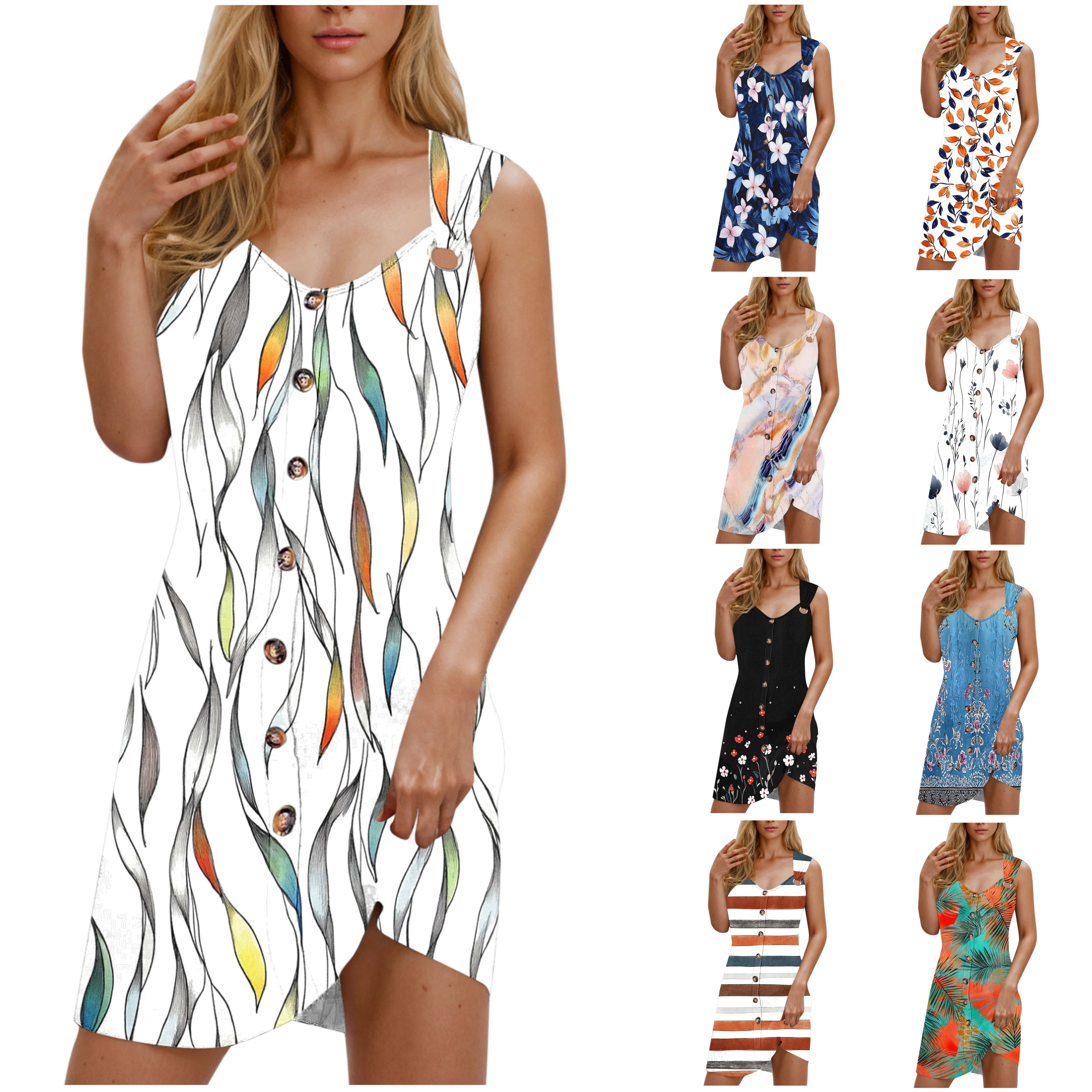 Feancey Womens Summer Beach Dress Boho Floral Print Mini Dresses ...