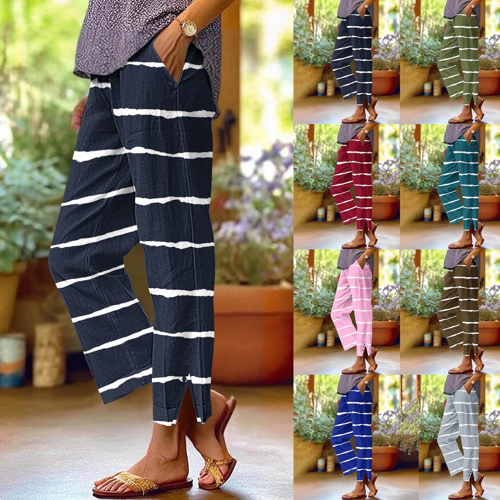 Feancey Womens Summer Beach Pants Casual Striped Printed Straight Leg ...