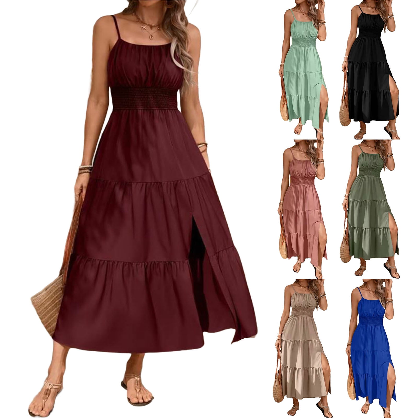 Feancey Womens Summer Dresses Halter Neck Backless Sundress Side Split ...