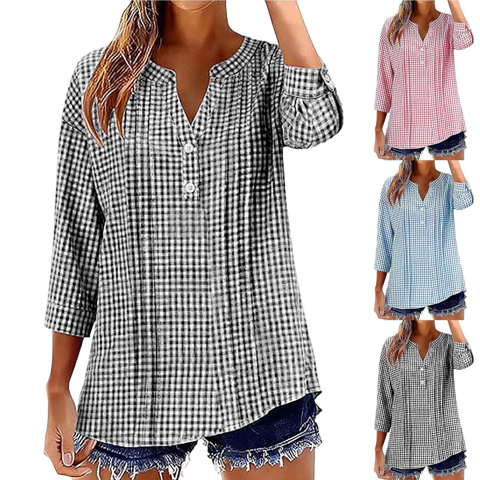 Feancey Womens Summer Tops Summer Linen 3/4 Sleeve Henley Shirts Dressy Trendy Plaid Pleated ...