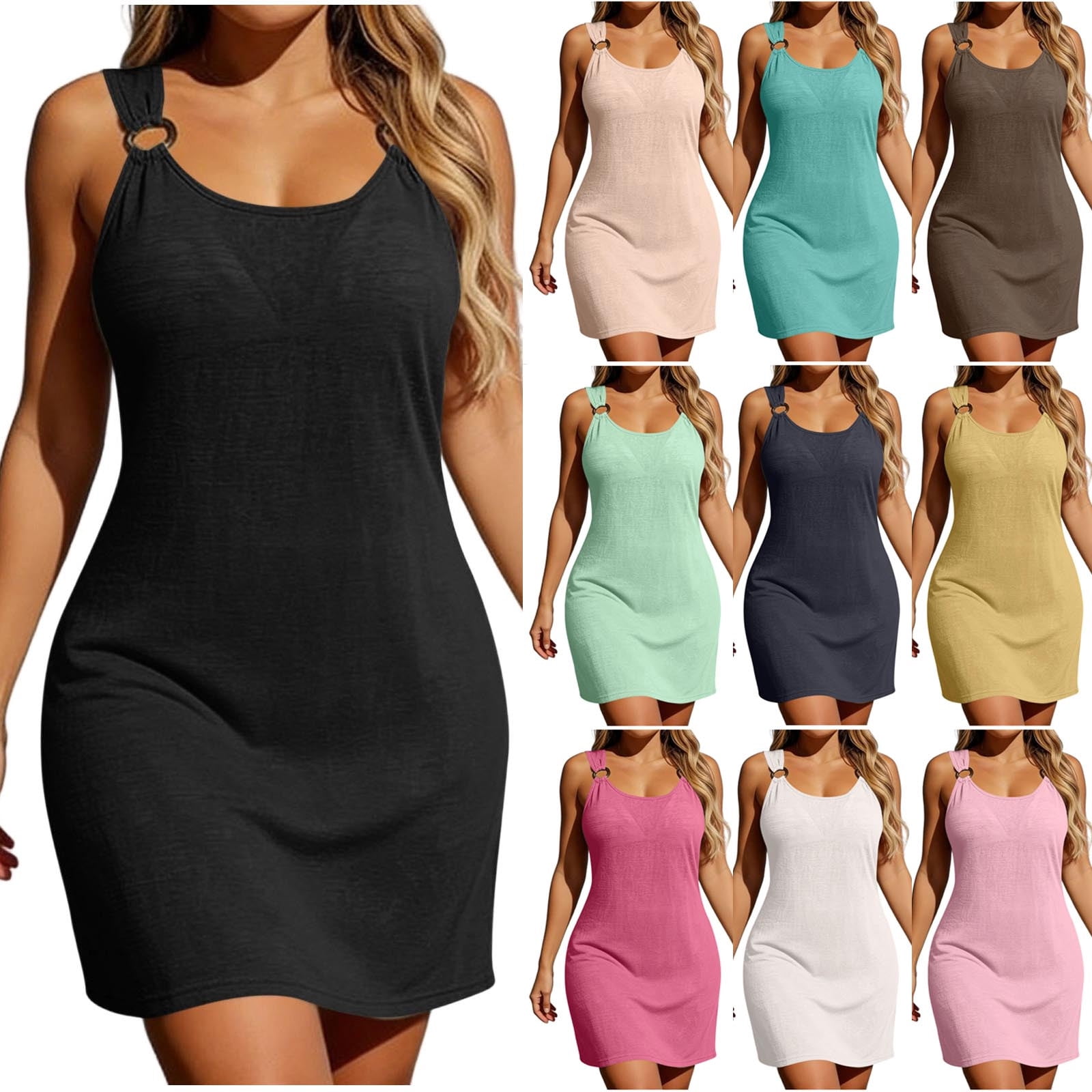 Feancey Womens Swimsuit Cover Up Dress O-Strap Sleeveless Mini Dresses ...