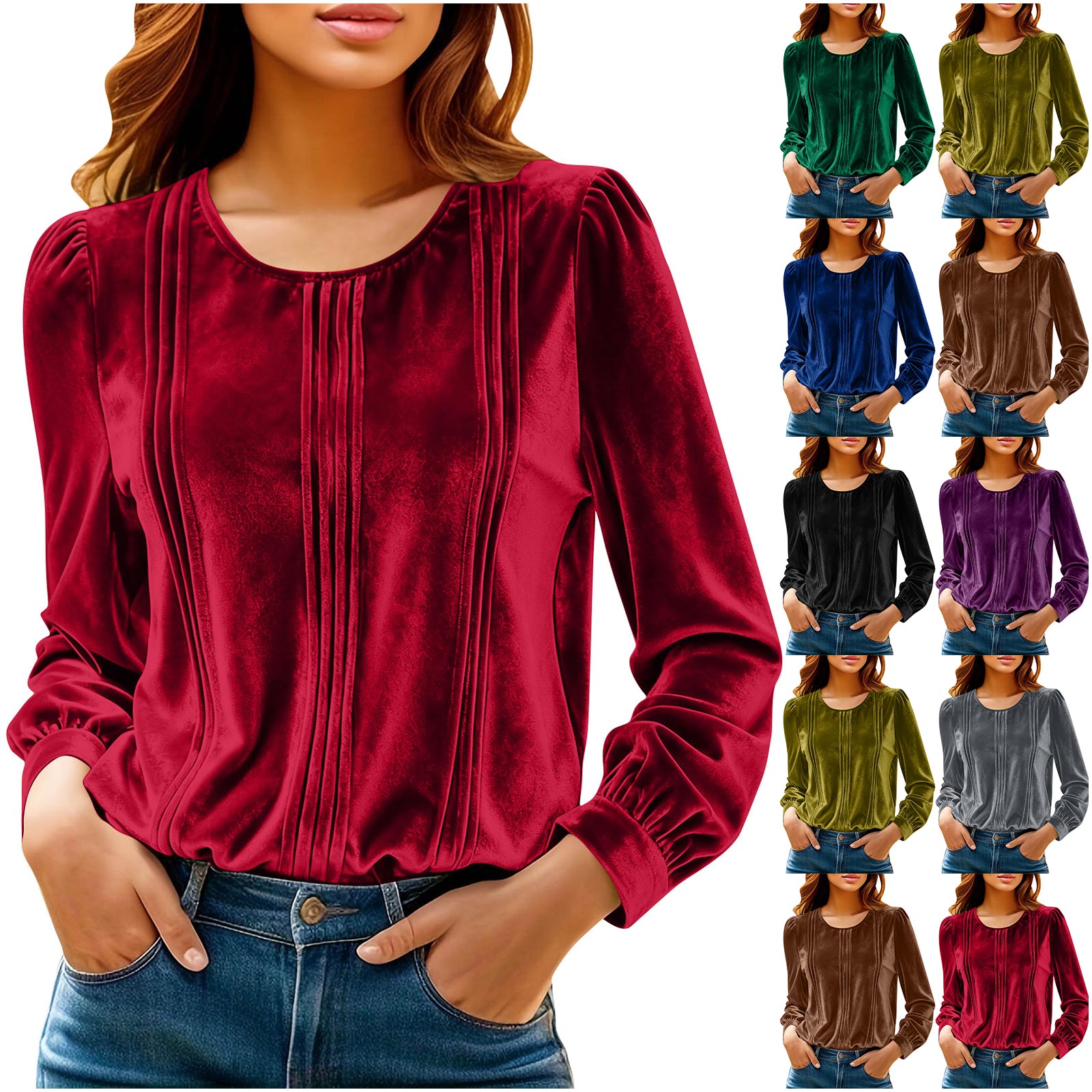 Feancey Womens Velvet Tops Pleated Round Neck Long Sleeve Party T-Shirt ...