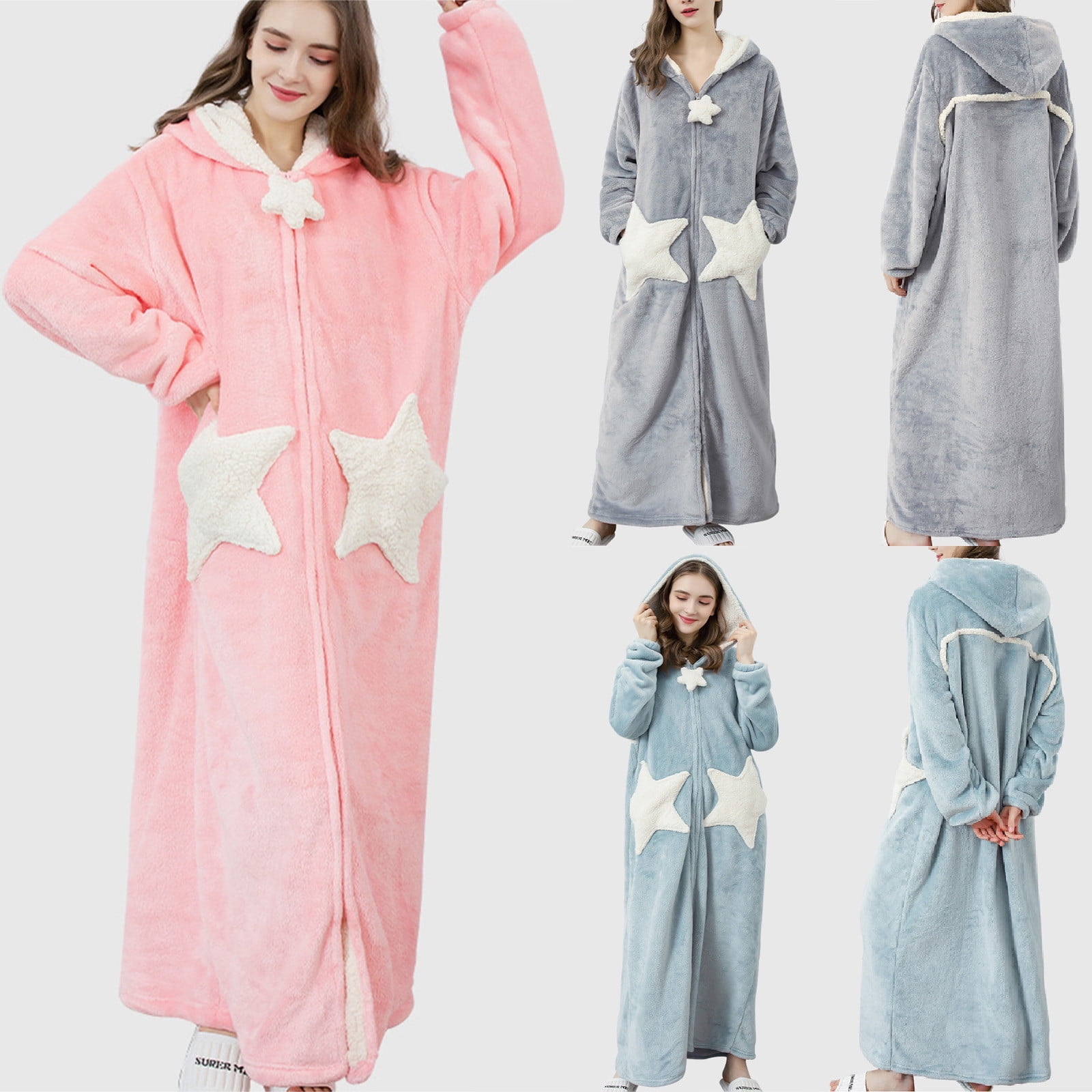 Feancey Womens Winter Robes Long Soft Zipper Bathrobe Cozy Warm Hooded ...
