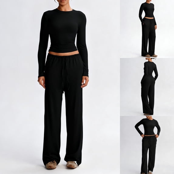 Feancey Yoga Sets for Women Slim Fit Long Sleeve Crop Top Wide Leg ...