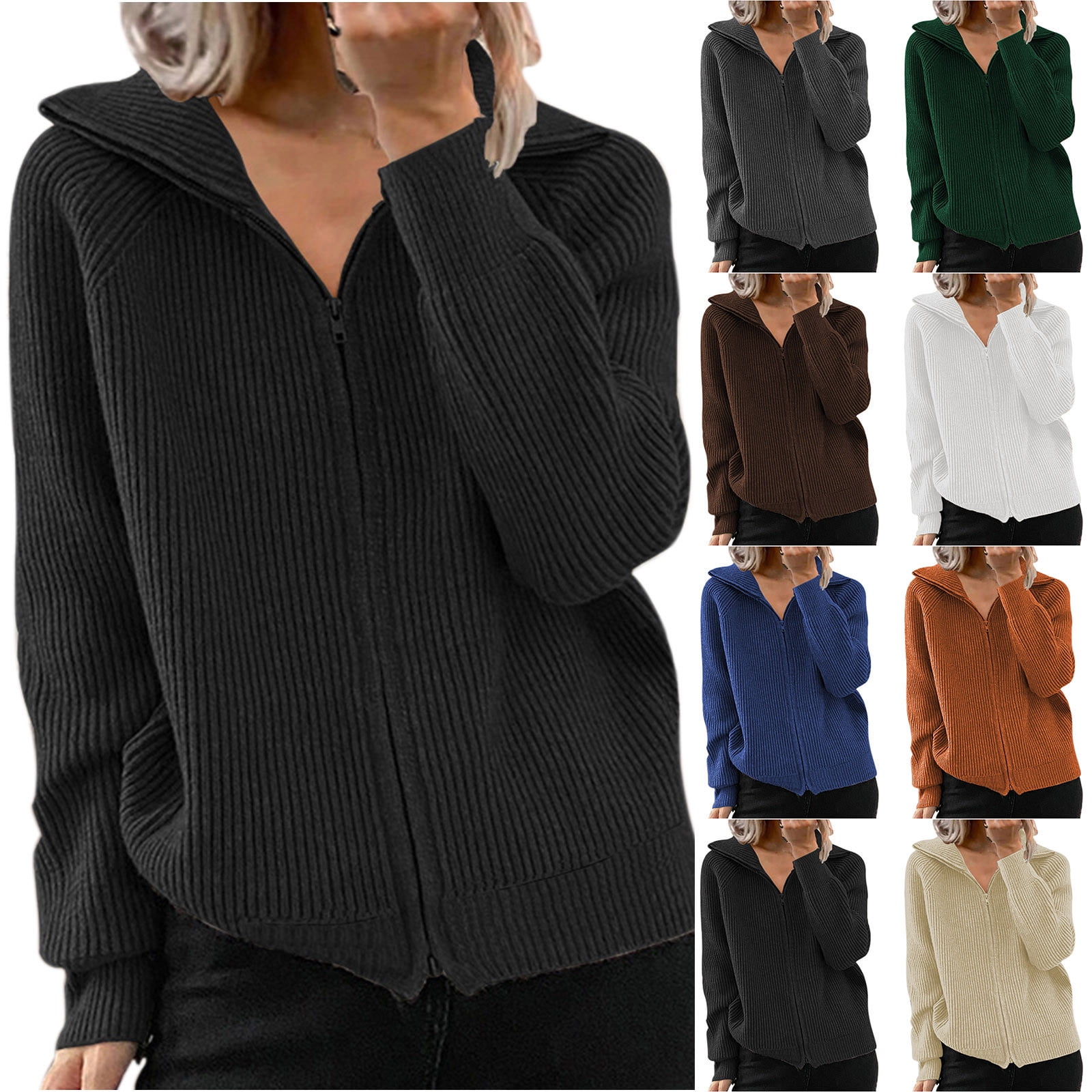 Feancey Zip Up Knitted Cardigan for Women Fall Winter Long Sleeve Lapel ...