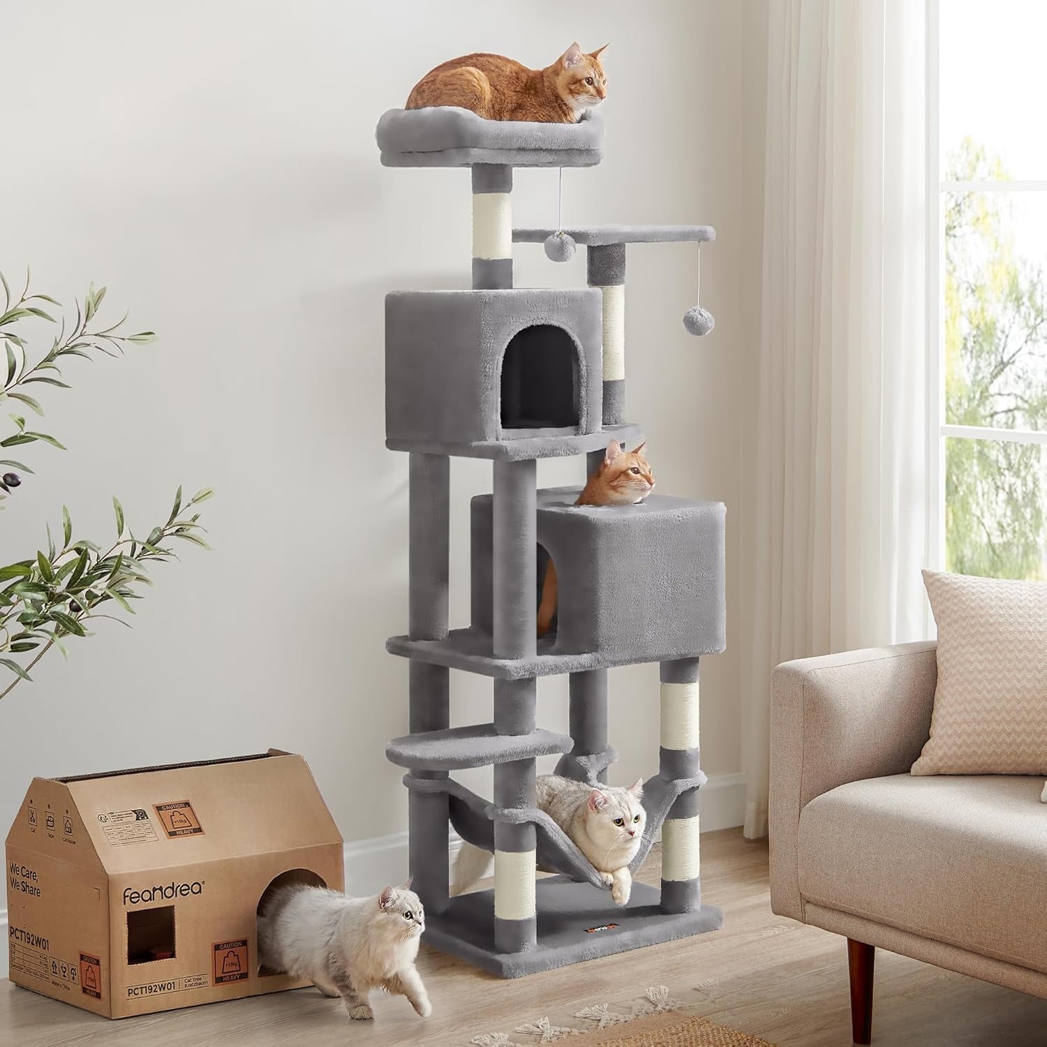 Feandrea Cat Tree, 61-Inch Cat Tower for Indoor Cats, Plush Multi-Level ...