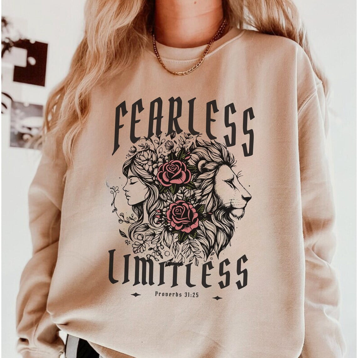 Fearless Limitless Christian Sweatshirt: Woman Lion Bible Verse ...