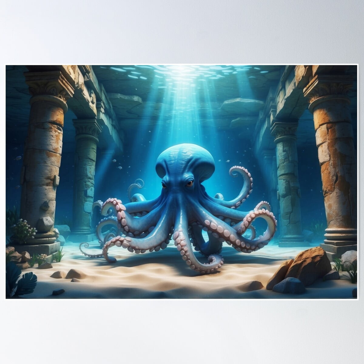 Fearsome Octopus Among Old Underwater Ruins In Rays Of Light. Poster ...
