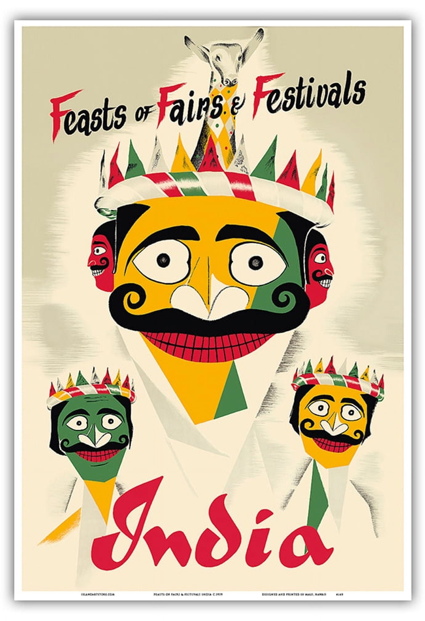 Feasts of Fairs & Festivals India - Indian Crowned Masks - Vintage Travel Poster c.1959 - Master ...