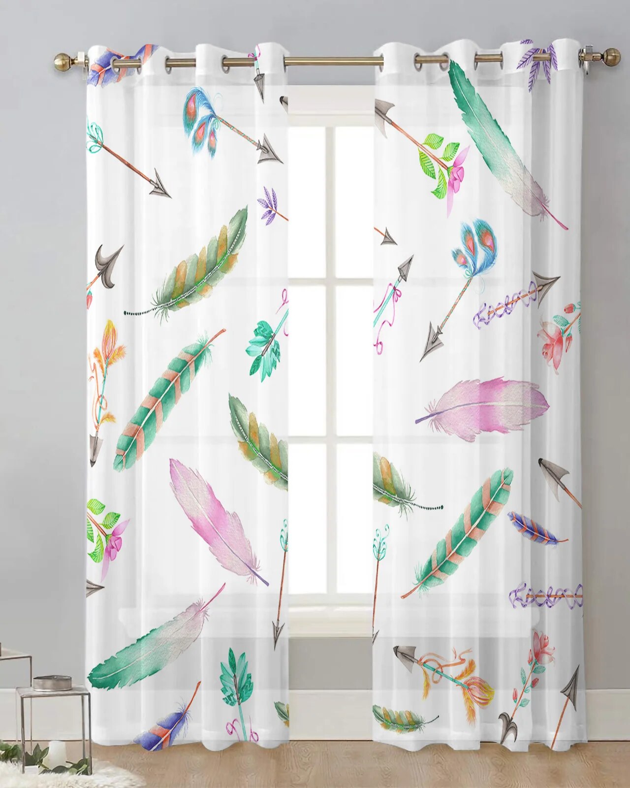 Feather Arrow Pink Green Voile Hanging Curtain Living Room Sheer ...