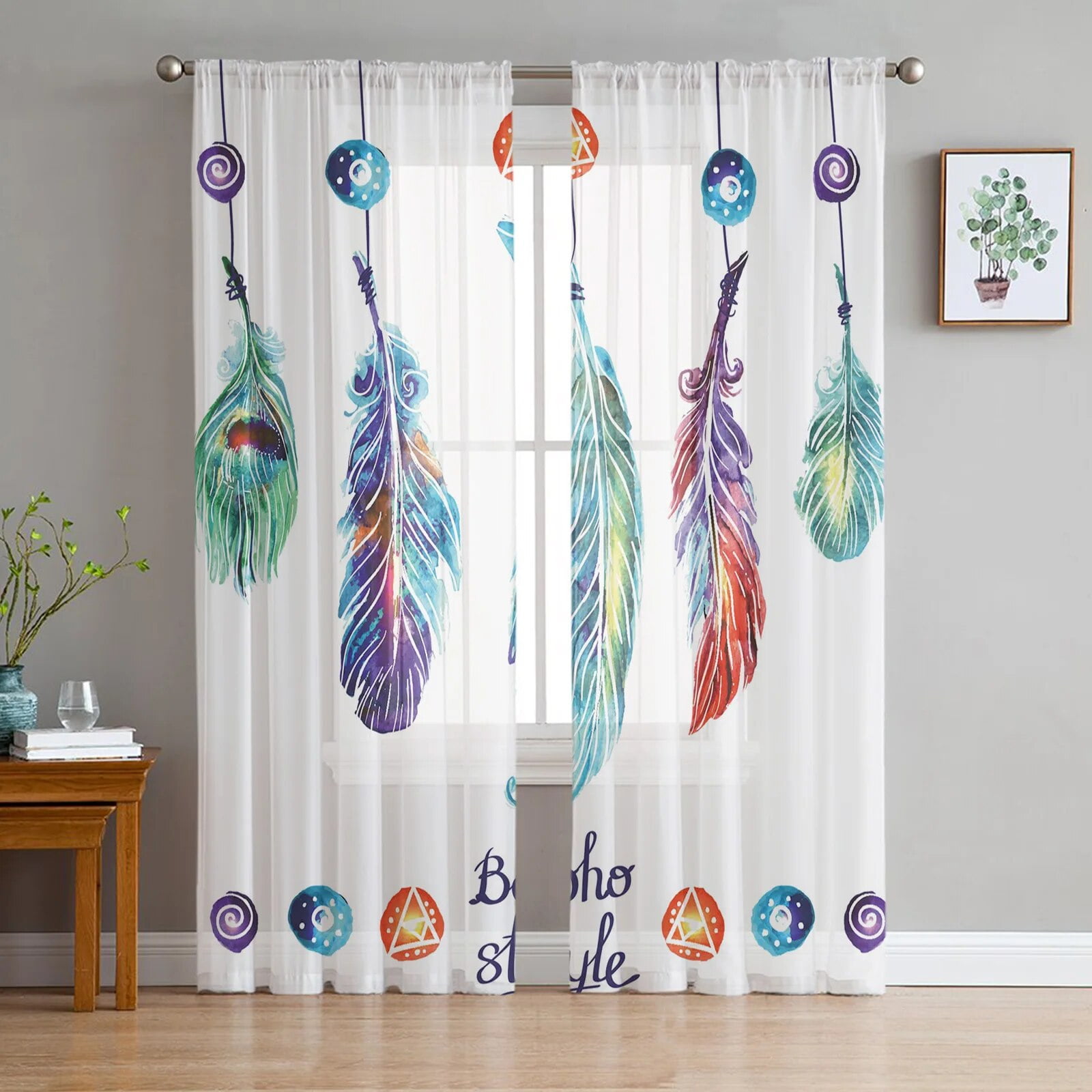 Feather Colorful Hand Painted Sheer Window Curtains for Bedroom Drapes ...