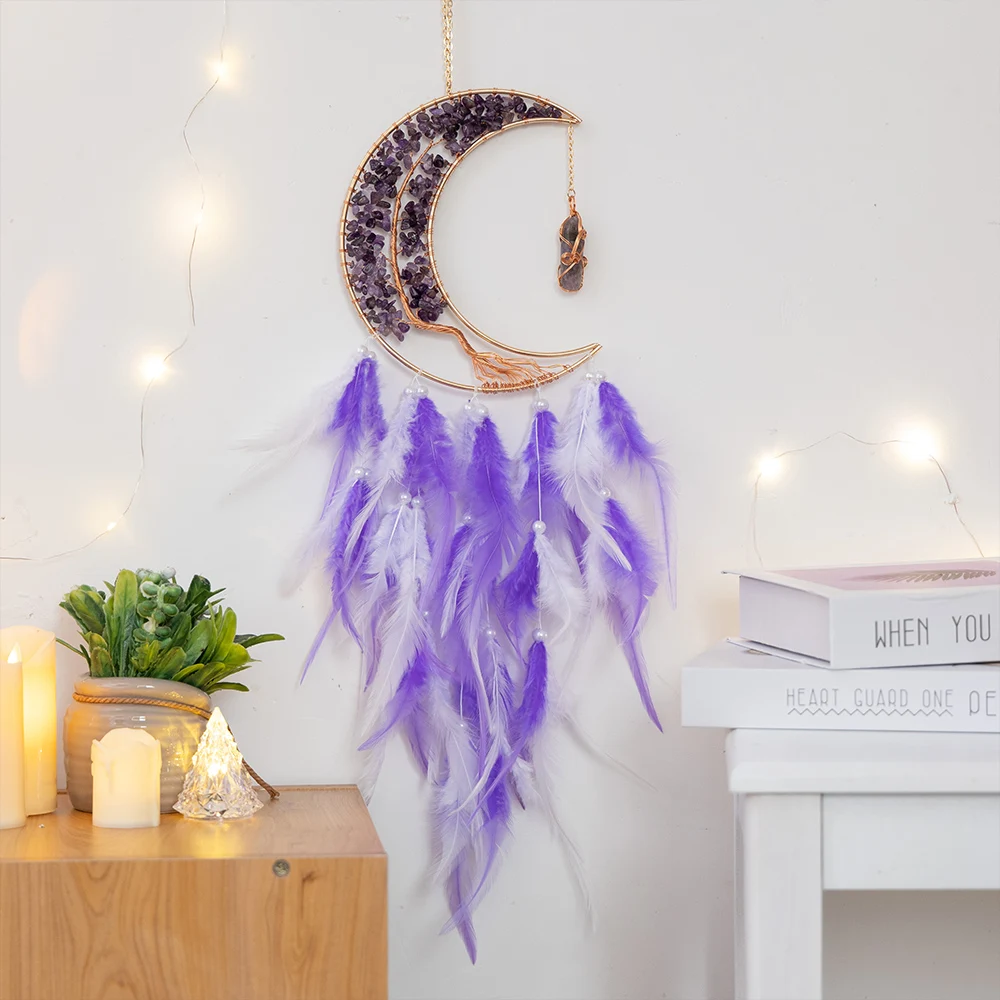 Feather Crystal Dream Catcher Moon Wall Hanging Handmade Gravel Tree of ...