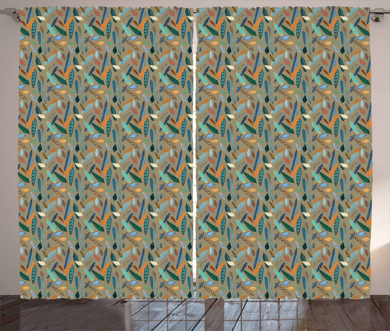 Feather Curtains 2 Panels Set, Assortment of Stylized Ornamental Plume ...