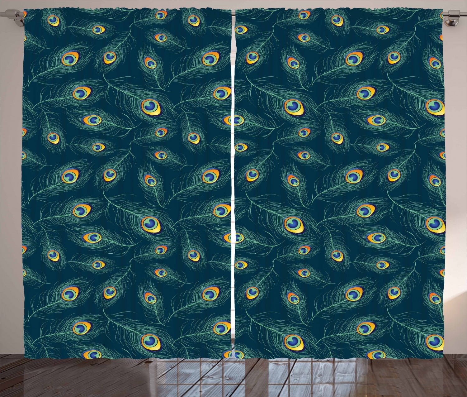Ambesonne Feather Curtains 2 Panel Set, Exotic Peacock Design, 108" x ...