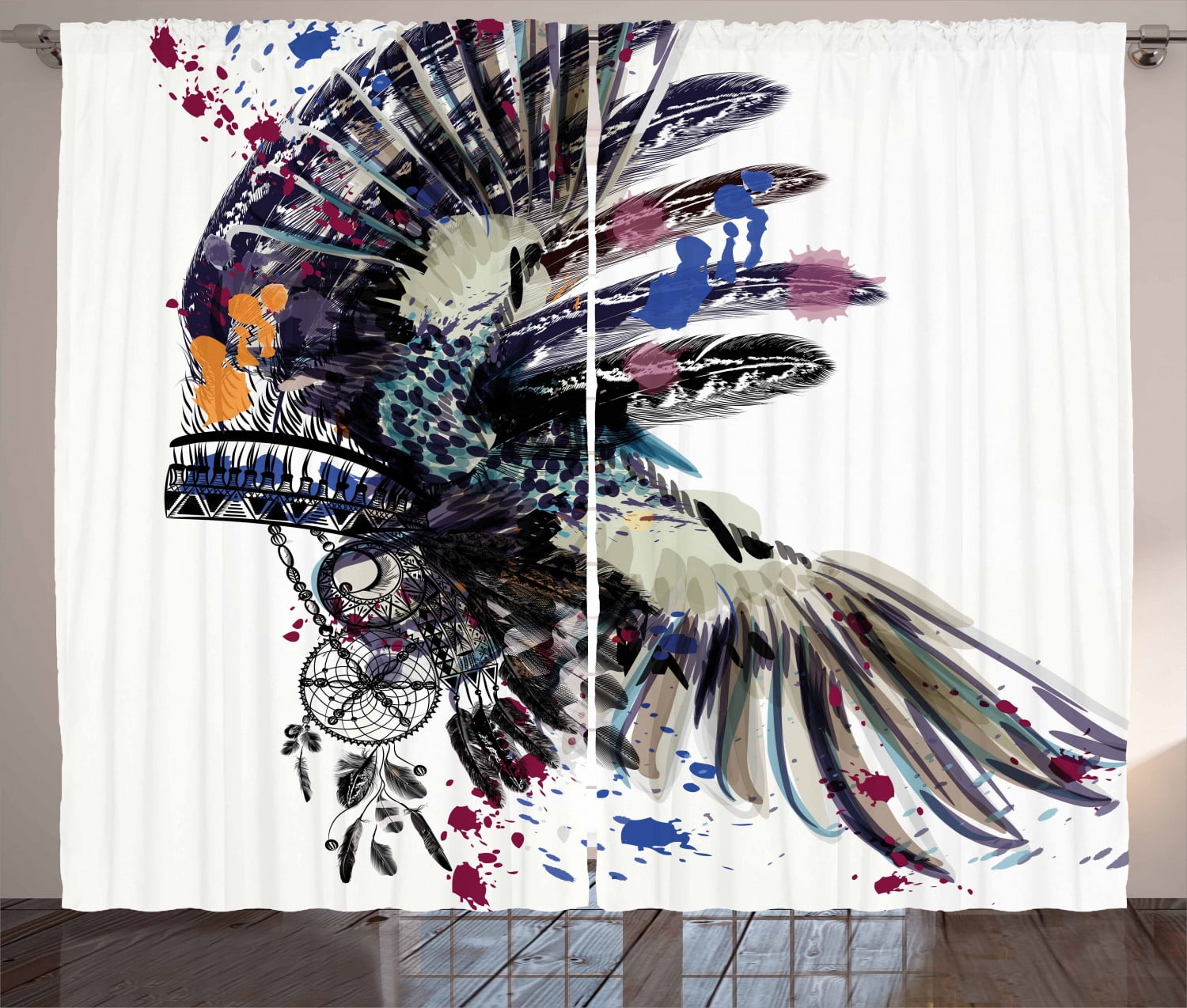 Ambesonne Feather Curtains 2 Panel Set, Boho Fashion Theme, 108" x 84 ...
