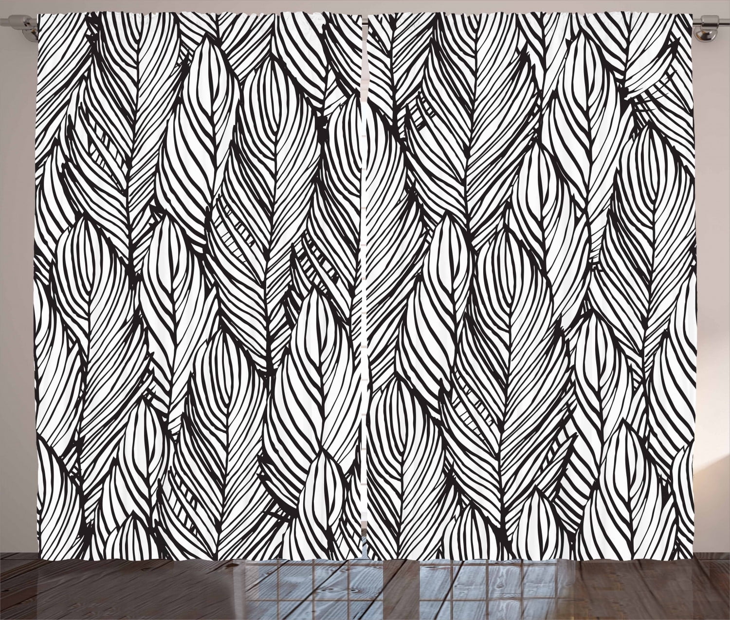 Ambesonne Feather Curtains 2 Panel Set, Monochrome Outline, 108" x 90 ...