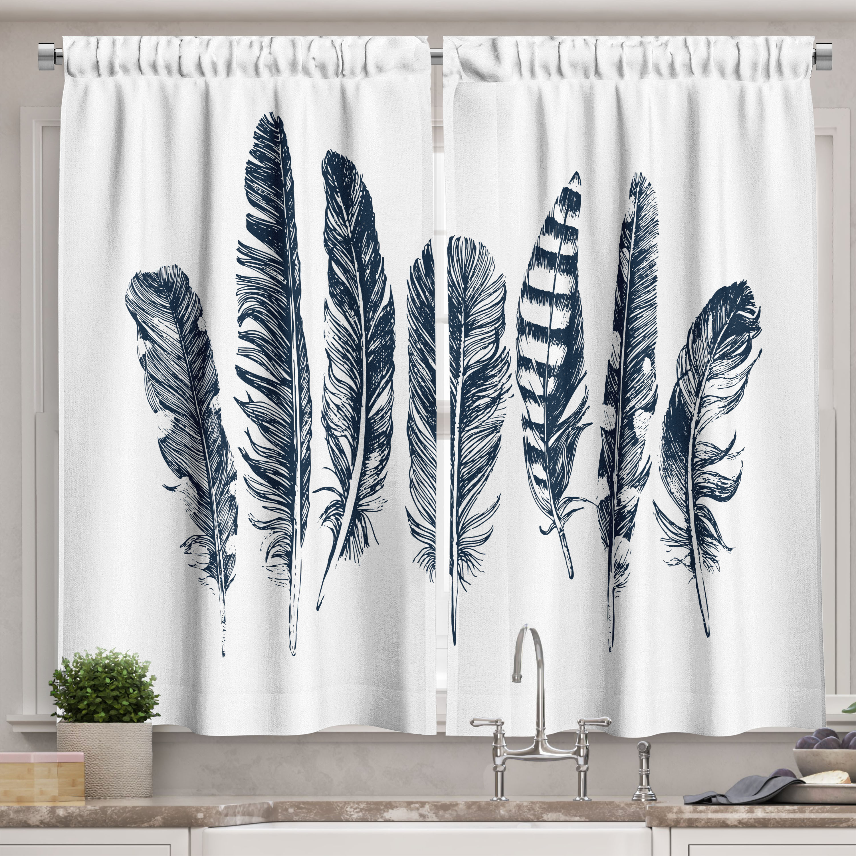 Feather Curtains 2 Panels Set, Sketch Style Arrangement of Feathers ...