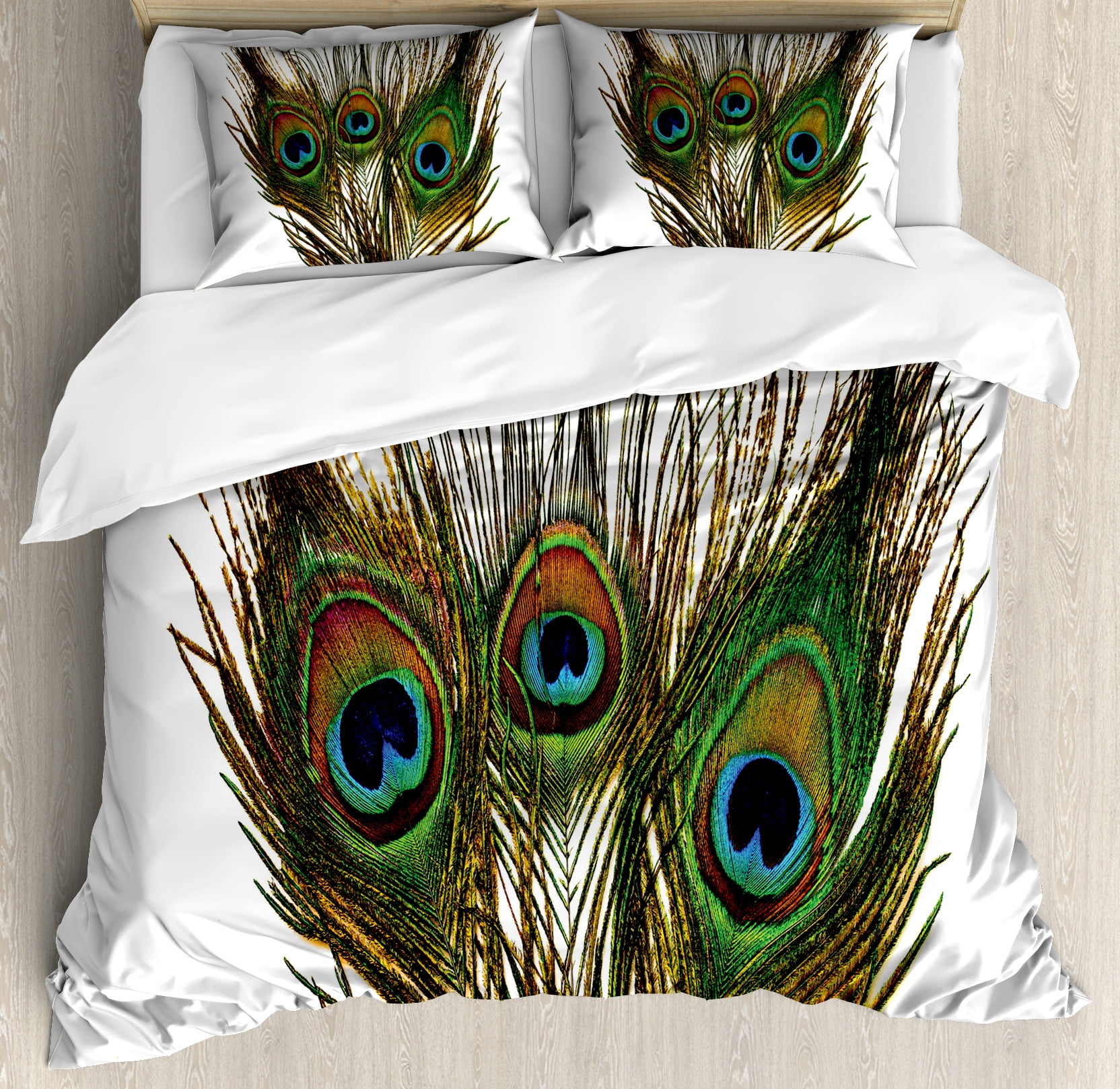 Feather Duvet Cover Set, Close up Photo of Peacock Feather on a Plain ...