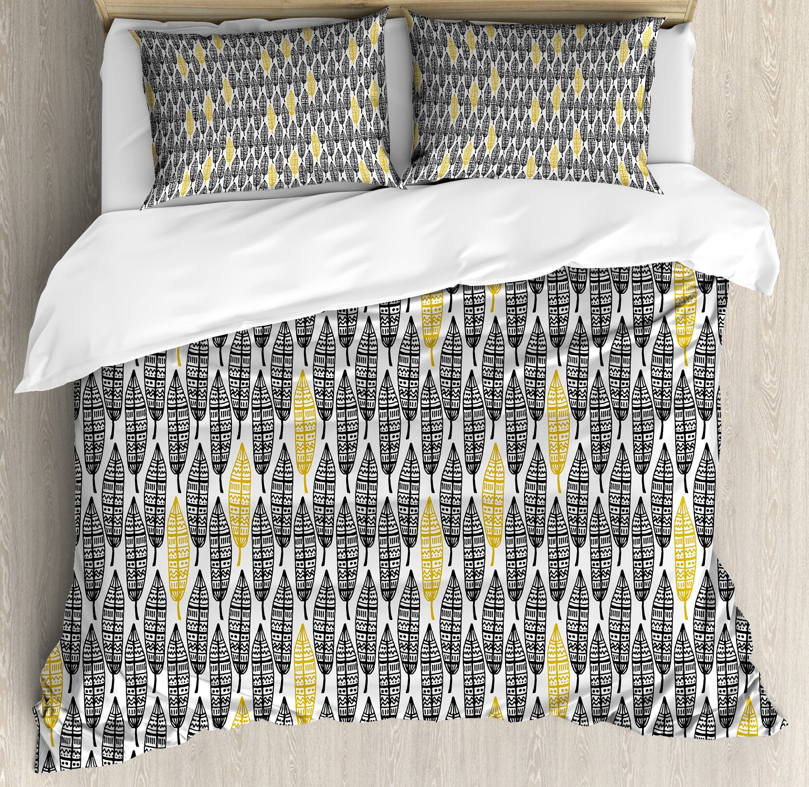 Feather Duvet Cover Set, Hand Drawn Repeating Pattern Ornate Feathers ...