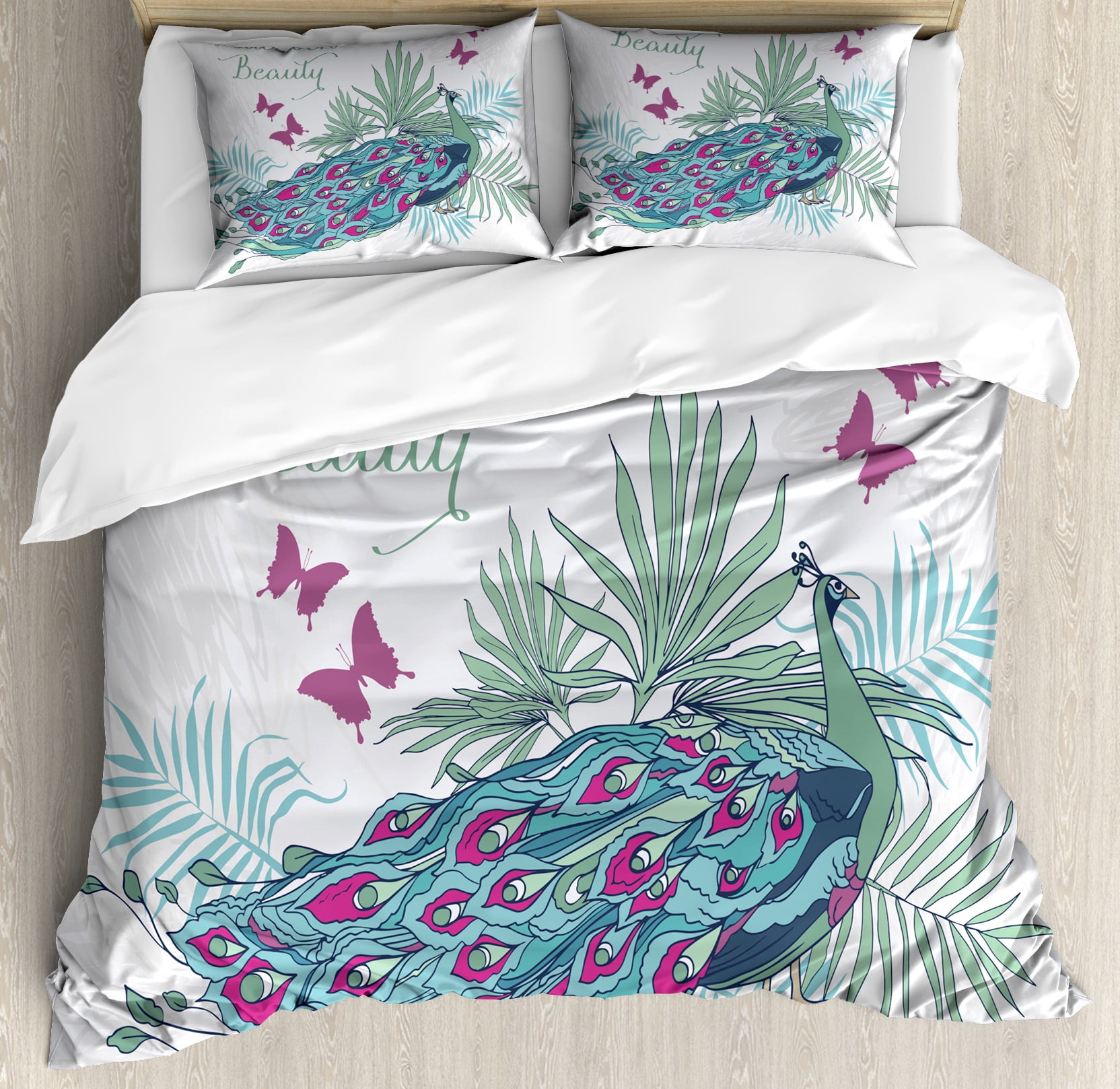 Feather Duvet Cover Set, Peacock Beauty Lettering with Butterflies Palm ...