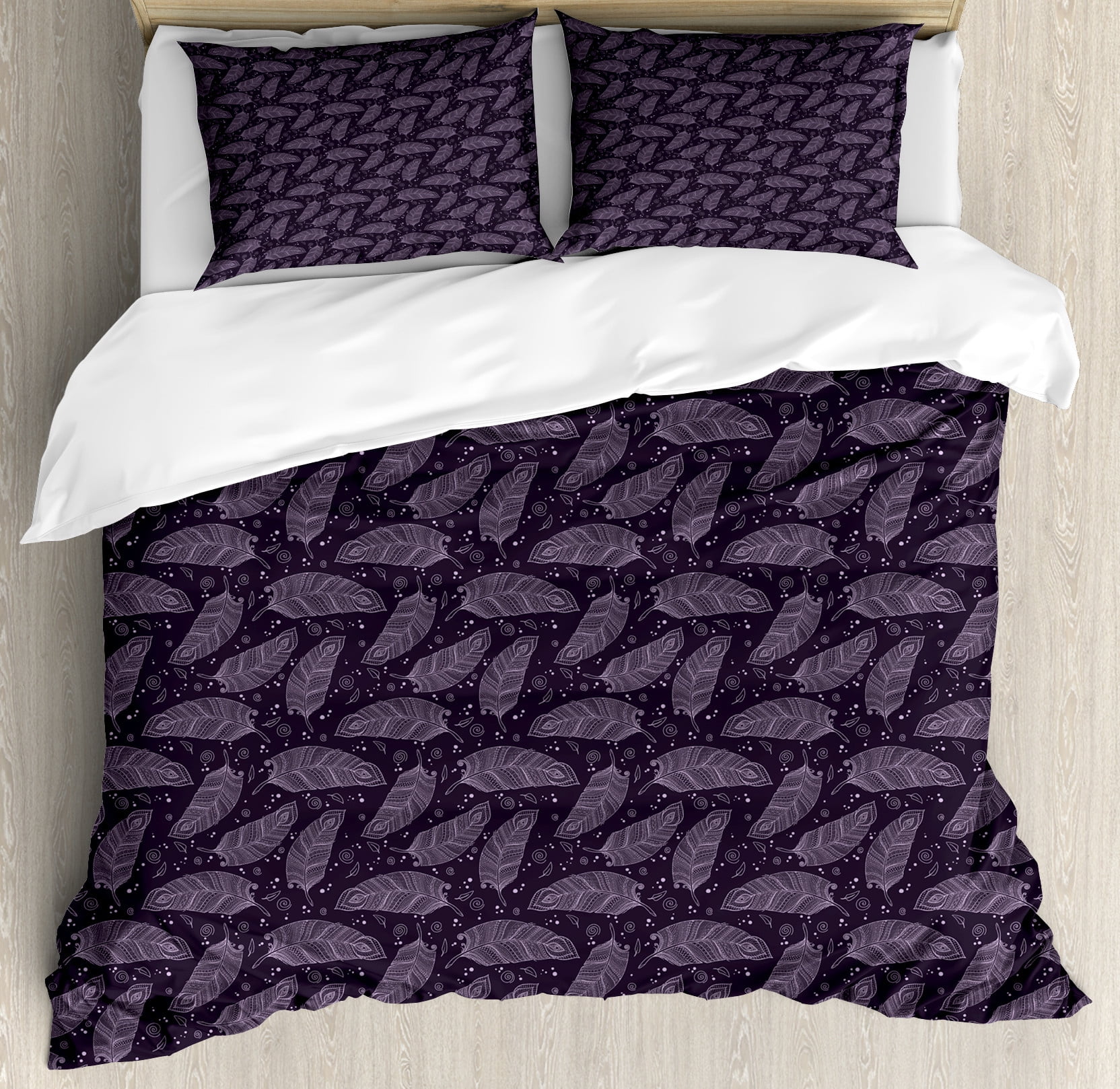 Feather Duvet Cover Set, Repetitive Zentangle Romantic Purple Tone ...
