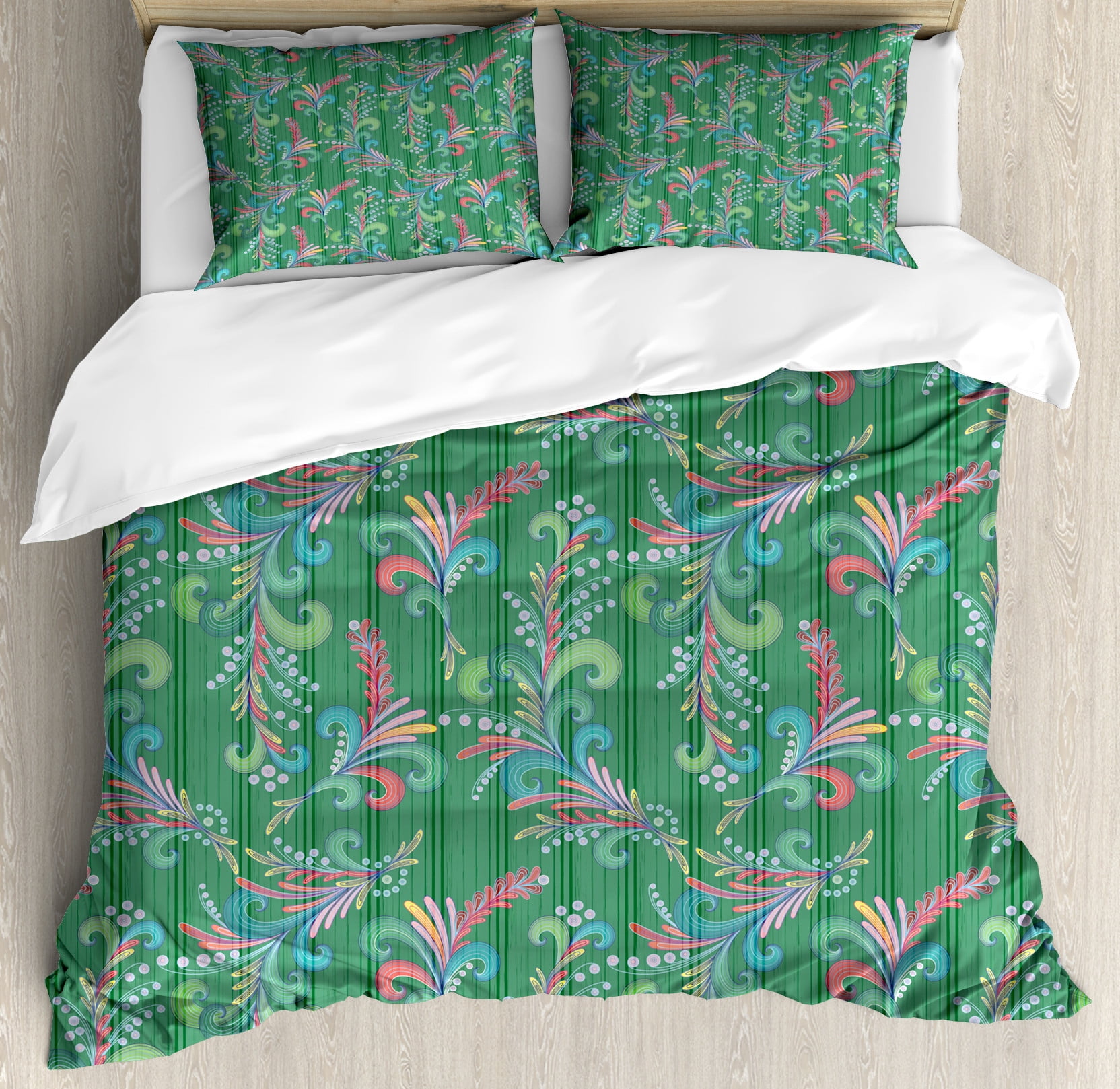 Feather Duvet Cover Set, Rhythmic Curved Ornaments of Abstract Bird ...