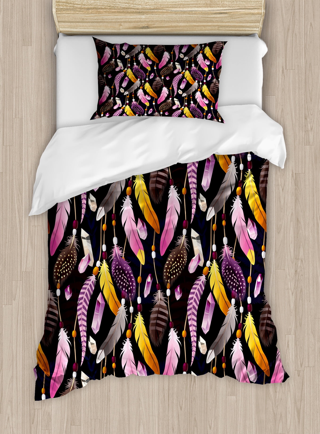 Feather Duvet Cover Set, Various Bohemian Style Elements Illustration Fantasy Diamonds and Gems ...