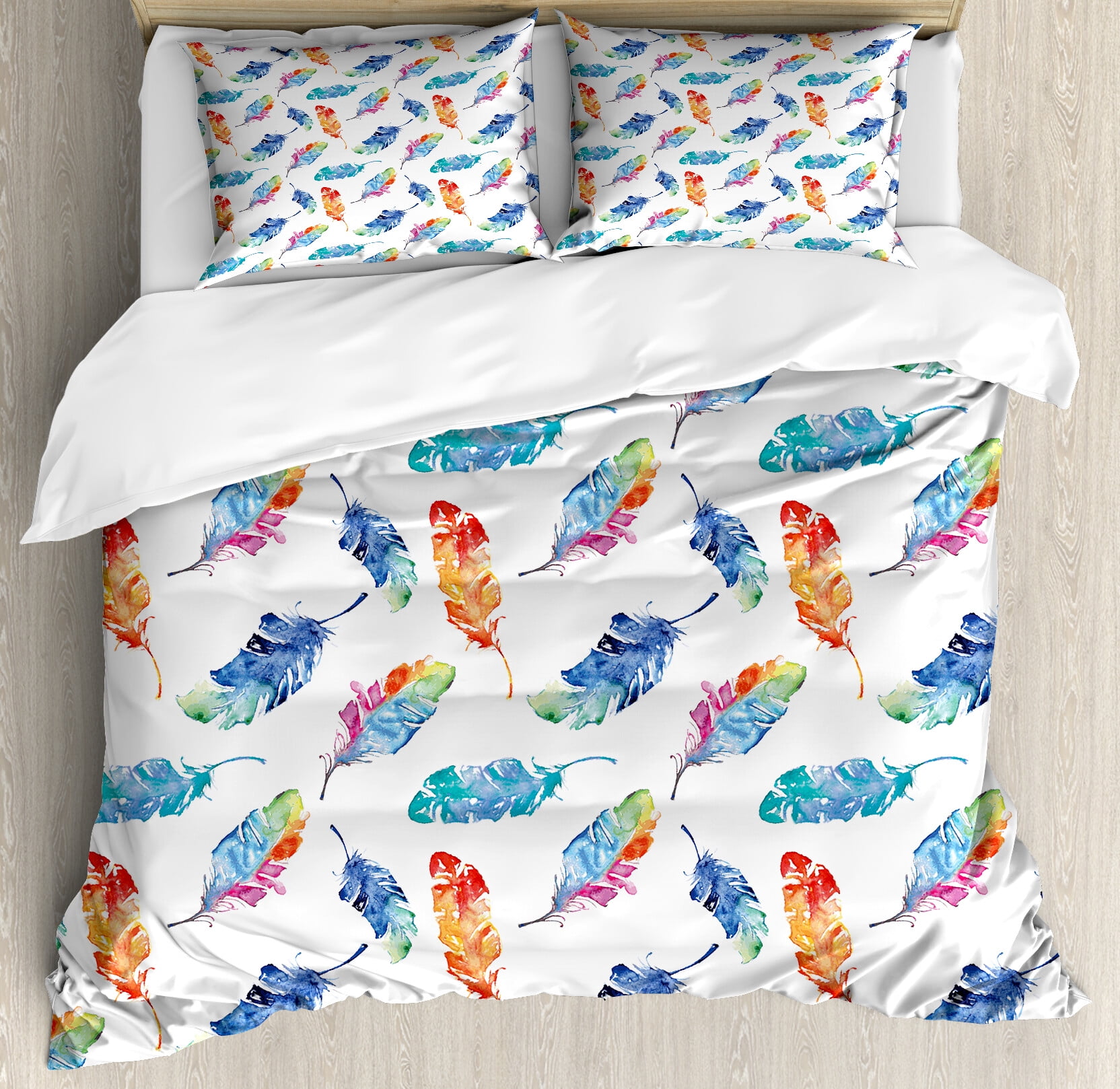 Feather Duvet Cover Set, Watercolor Bird Feathers with Soft Color ...