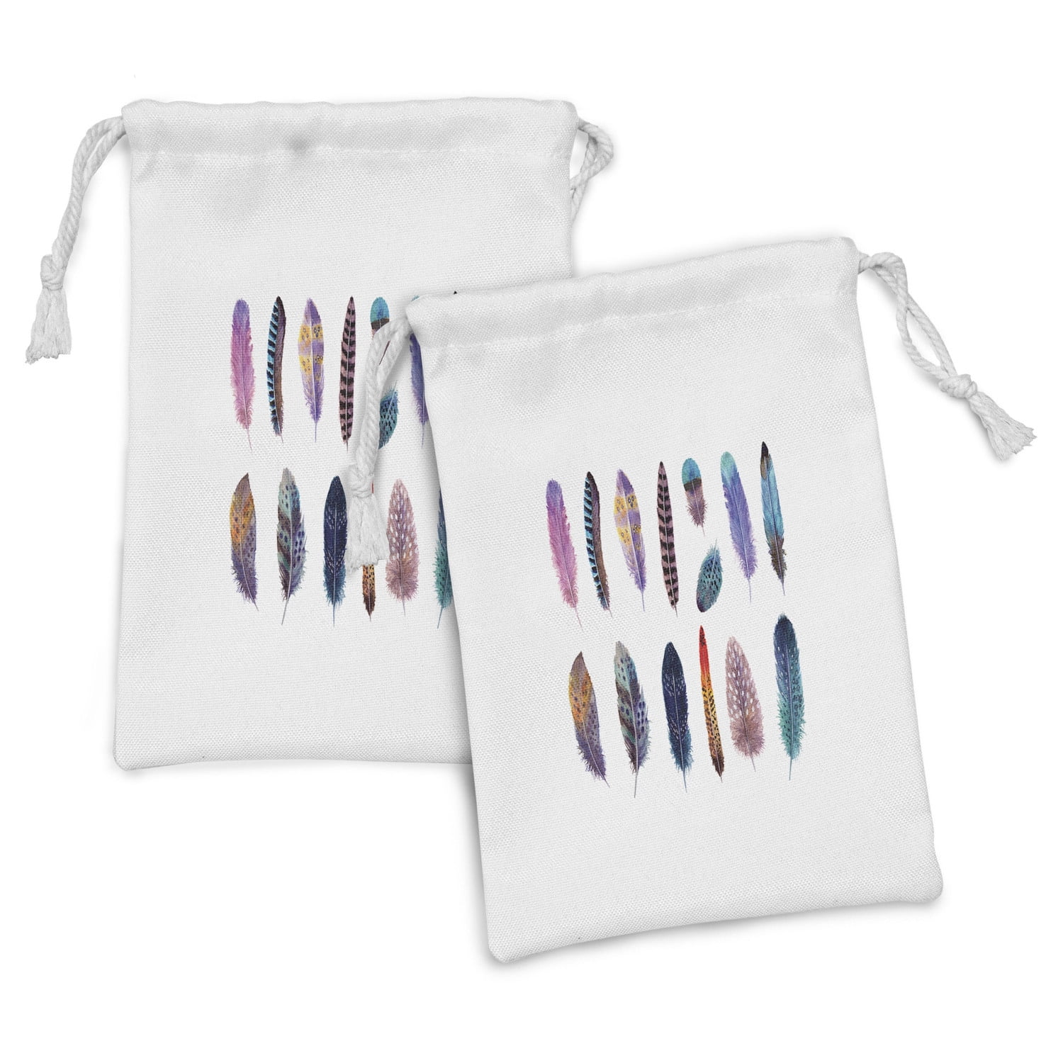 Feather Fabric Pouch Set of 2, Pattern of Colorful Different Types of ...