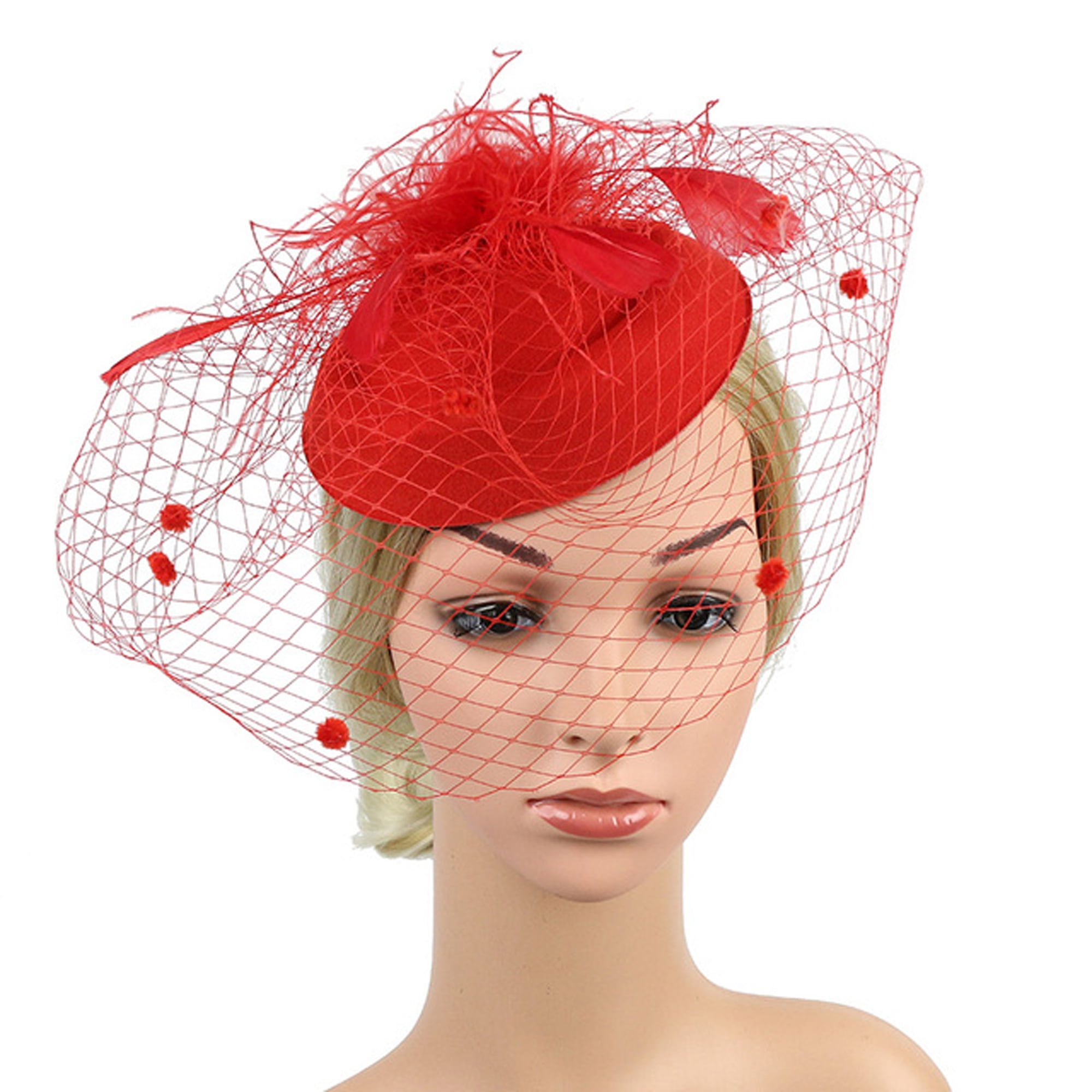 Feather Hat Mesh Headpiece Women Girls Mesh Fascinators Hat,Red ...