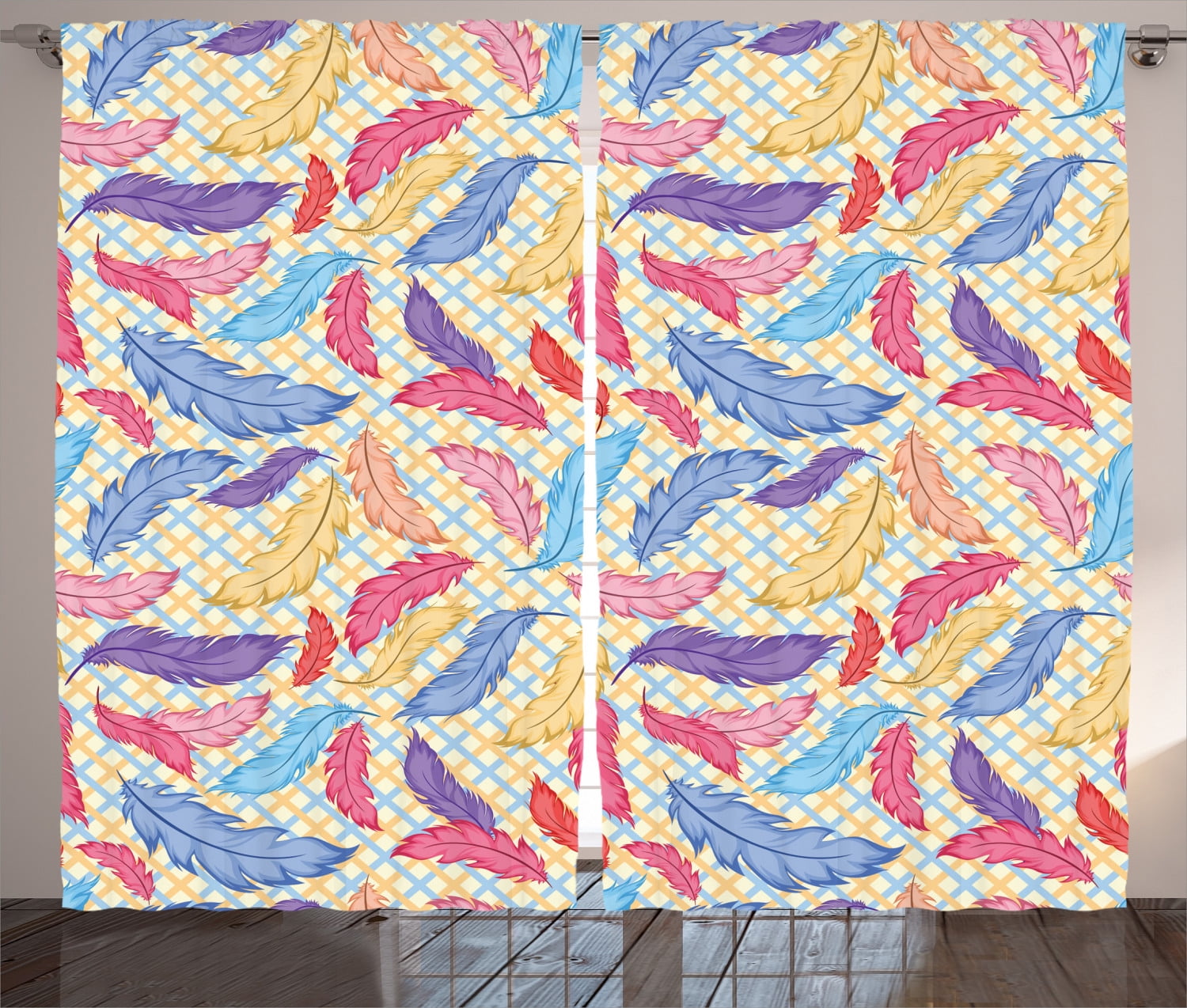 Ambesonne Feathers Curtains 2 Panel Set, Colorful Checkered, 108" x 84 ...