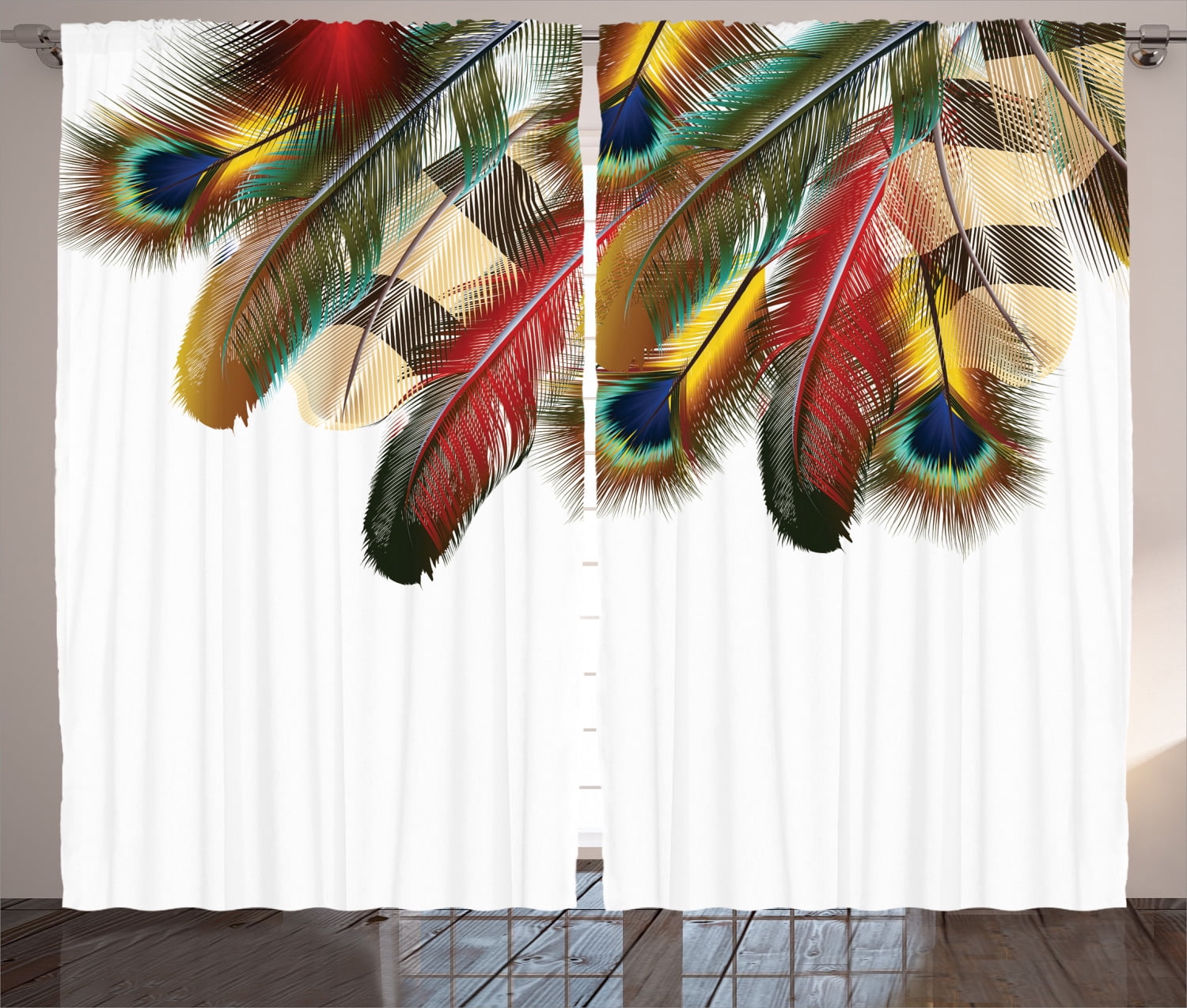 Ambesonne Peacock Curtains 2 Panel Set, Vibrant Feathers Boho, 108" x ...