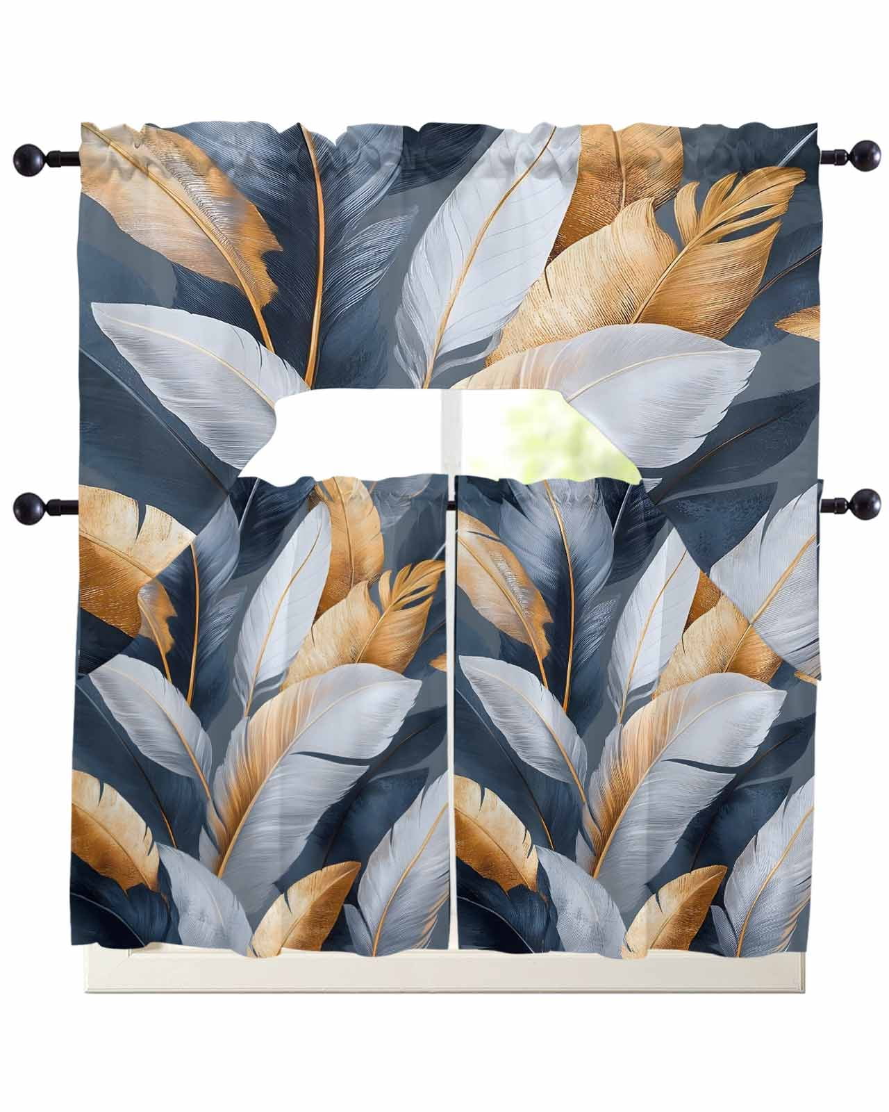 Feather Kitchen Curtains Sets 24 Inch Length with Valance, Orange White ...