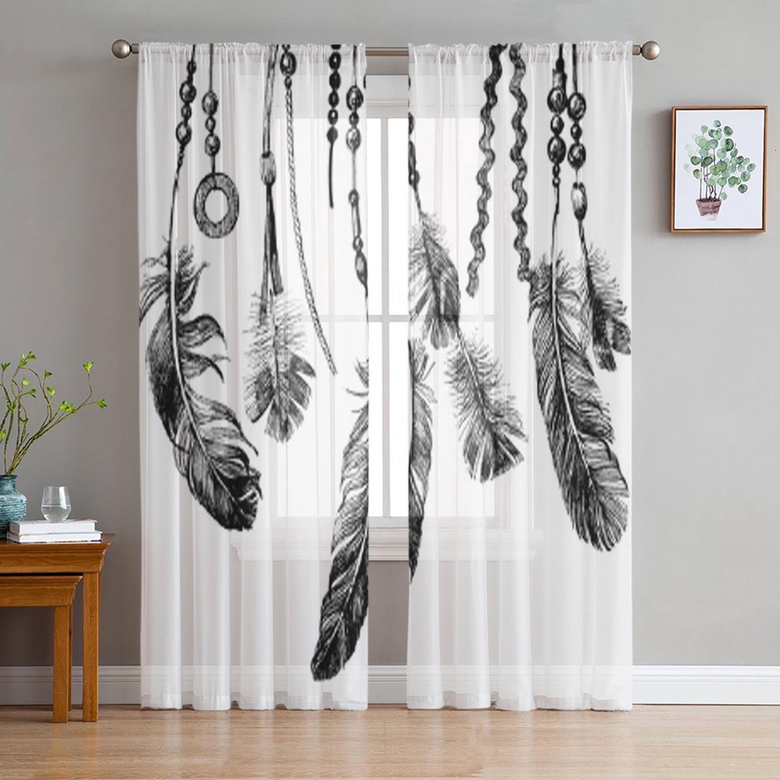 Feather Peacock Green Sheer Window Curtains for Bedroom Hall Drapes ...