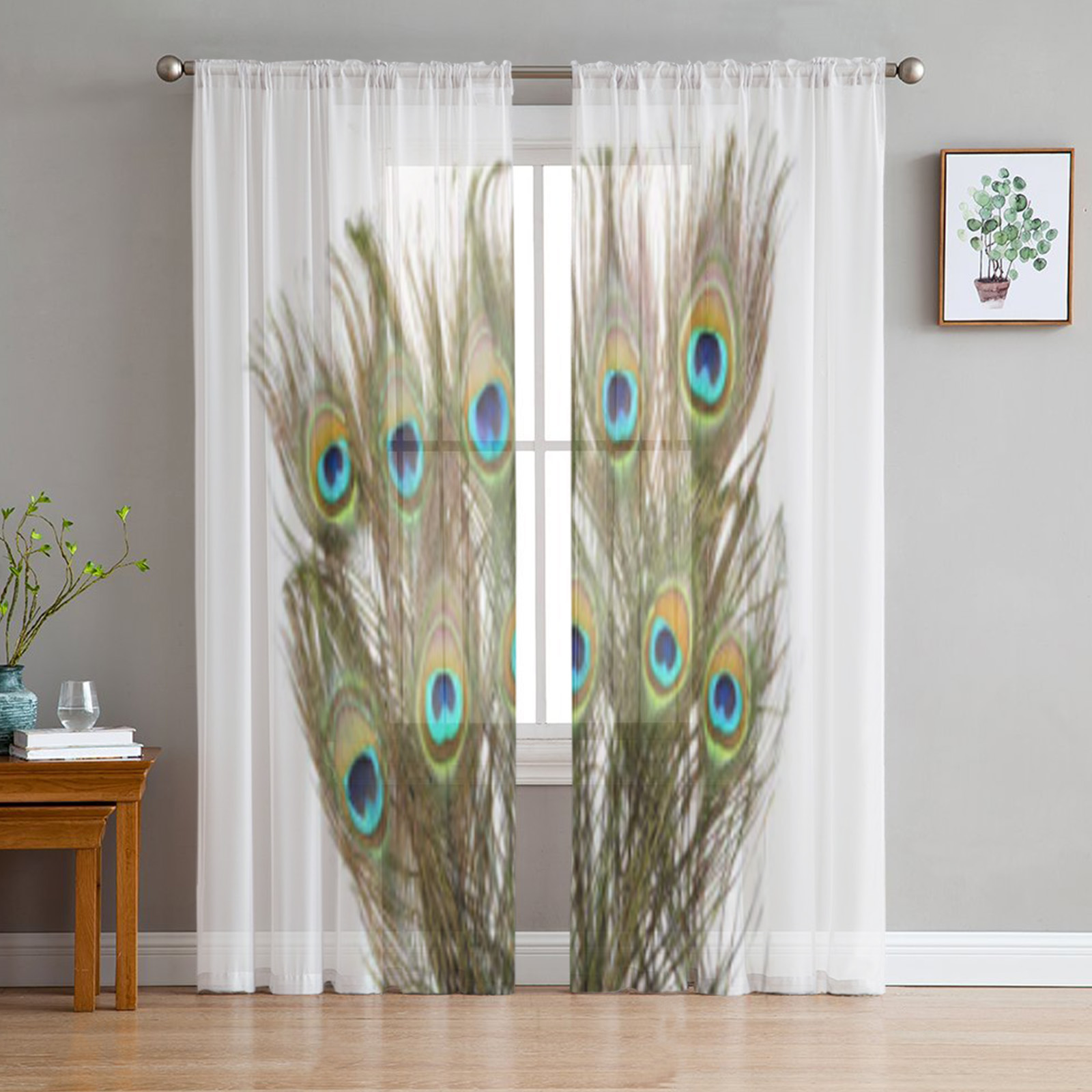 Feather Peacock Green Sheer Window Curtains for Bedroom Hall Drapes ...