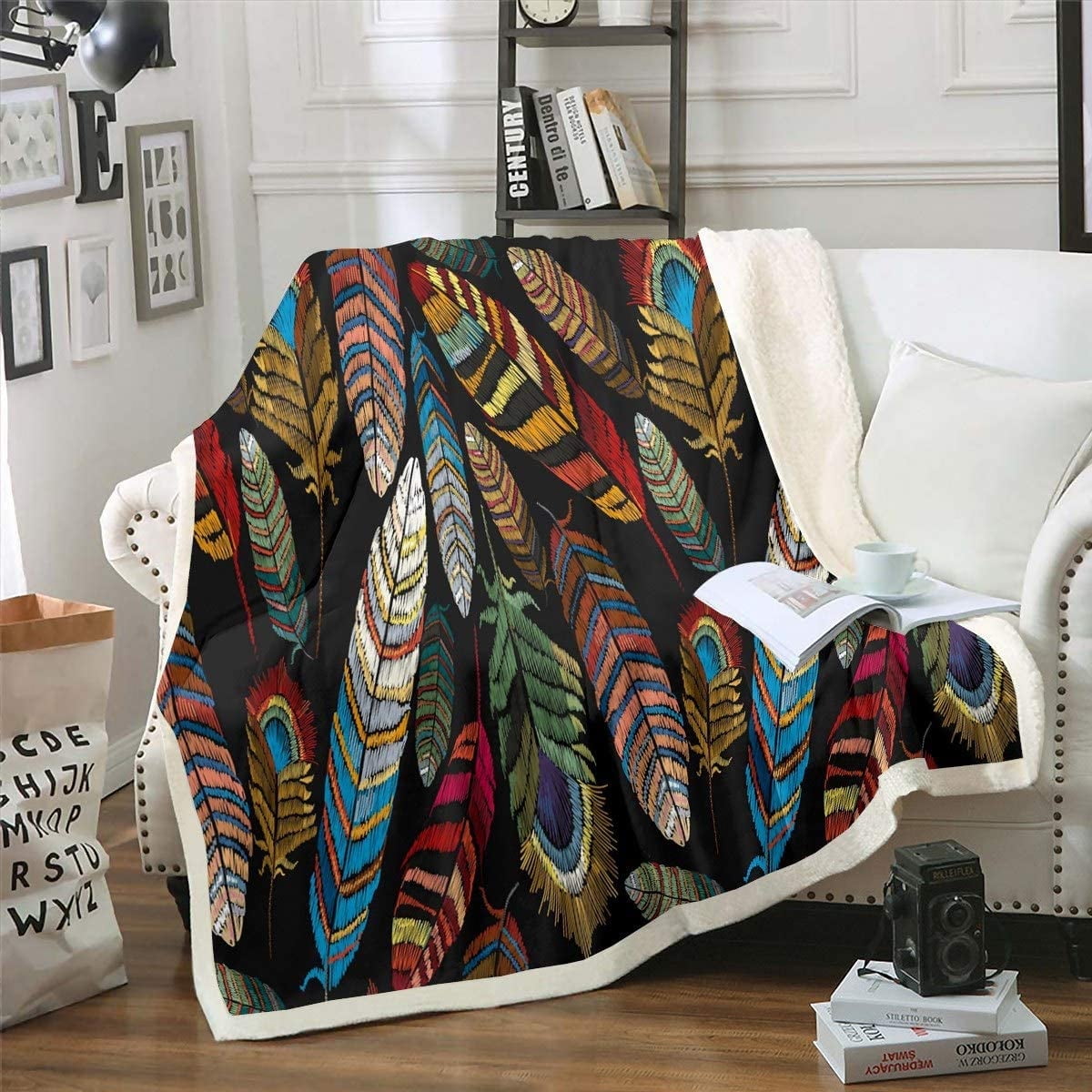 Feather Print Fleece Throw Blanket Boho Style Plush Blanket for Sofa ...