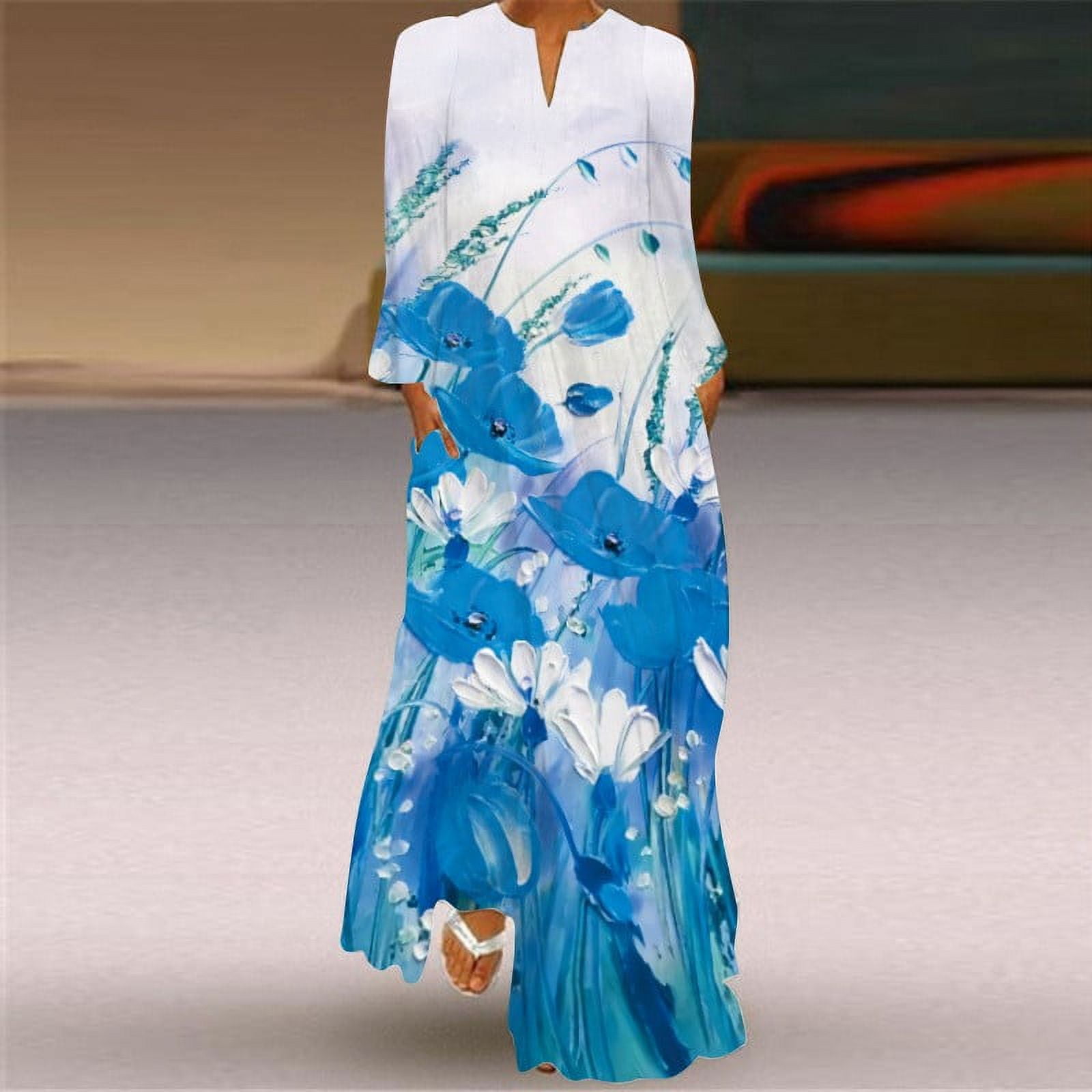 Feather Print White Dress Long Sleeve V-neck Casual Breathable Dresses ...