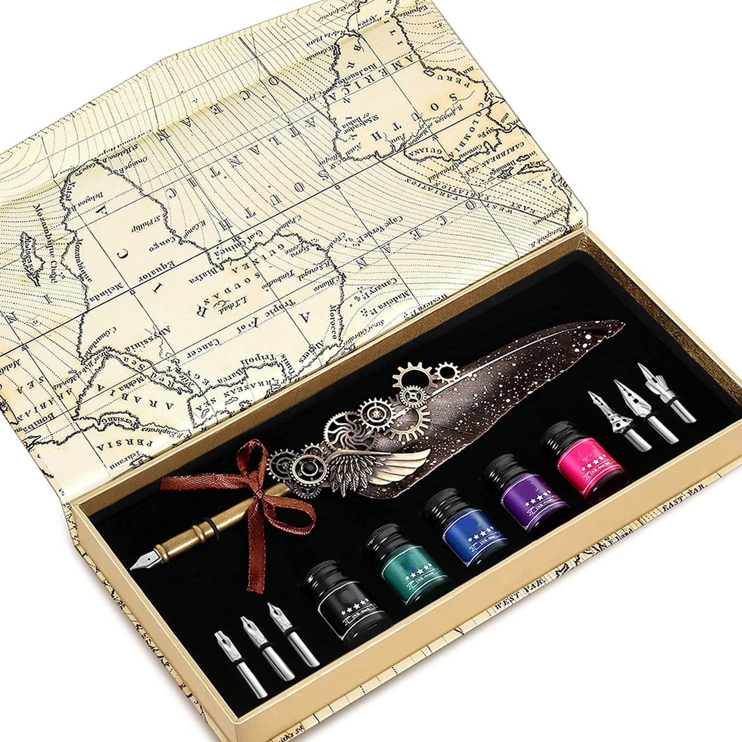 Feather Quill Pen Set with Ink Bottles, Nibs, Mechanical Quill Pen for ...