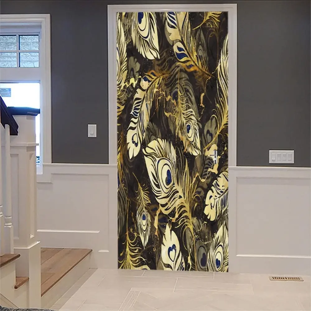 Feather Splash Ink Door Stickers Peacock Mural Sticker Self-adhesive ...