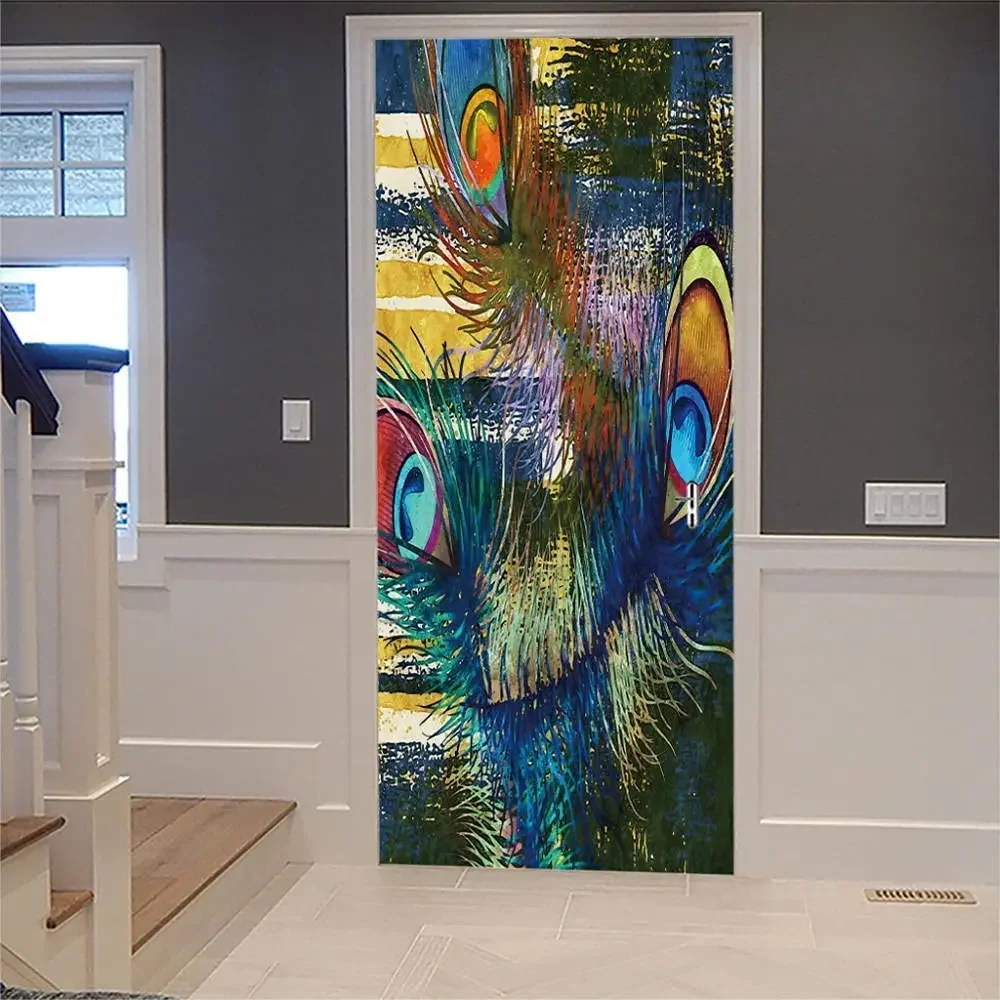 Feather Splash Ink Door Stickers Peacock Mural Sticker Self-adhesive ...