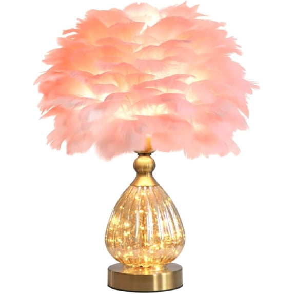 Feather Table Lamp with Dual Switch, Handmade Feather Shade & Blown ...