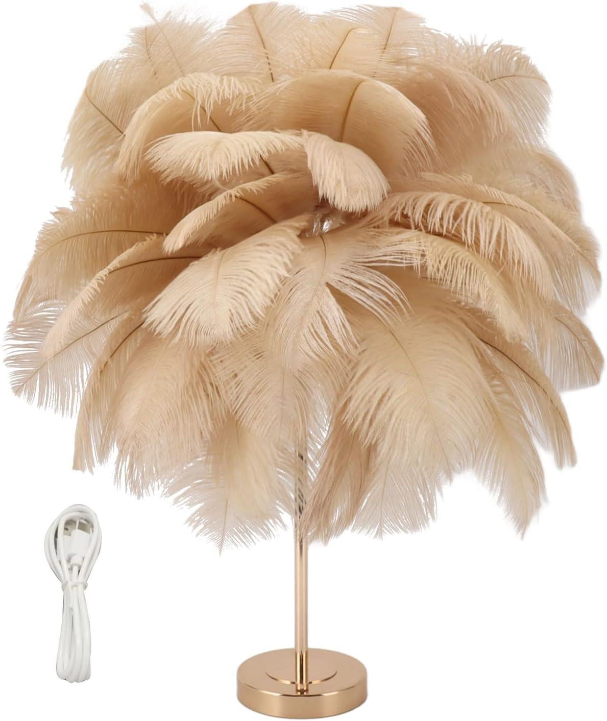 Feather Table Lamp, Touch Switch USB Ostrich Feather Lamp with Gold ...