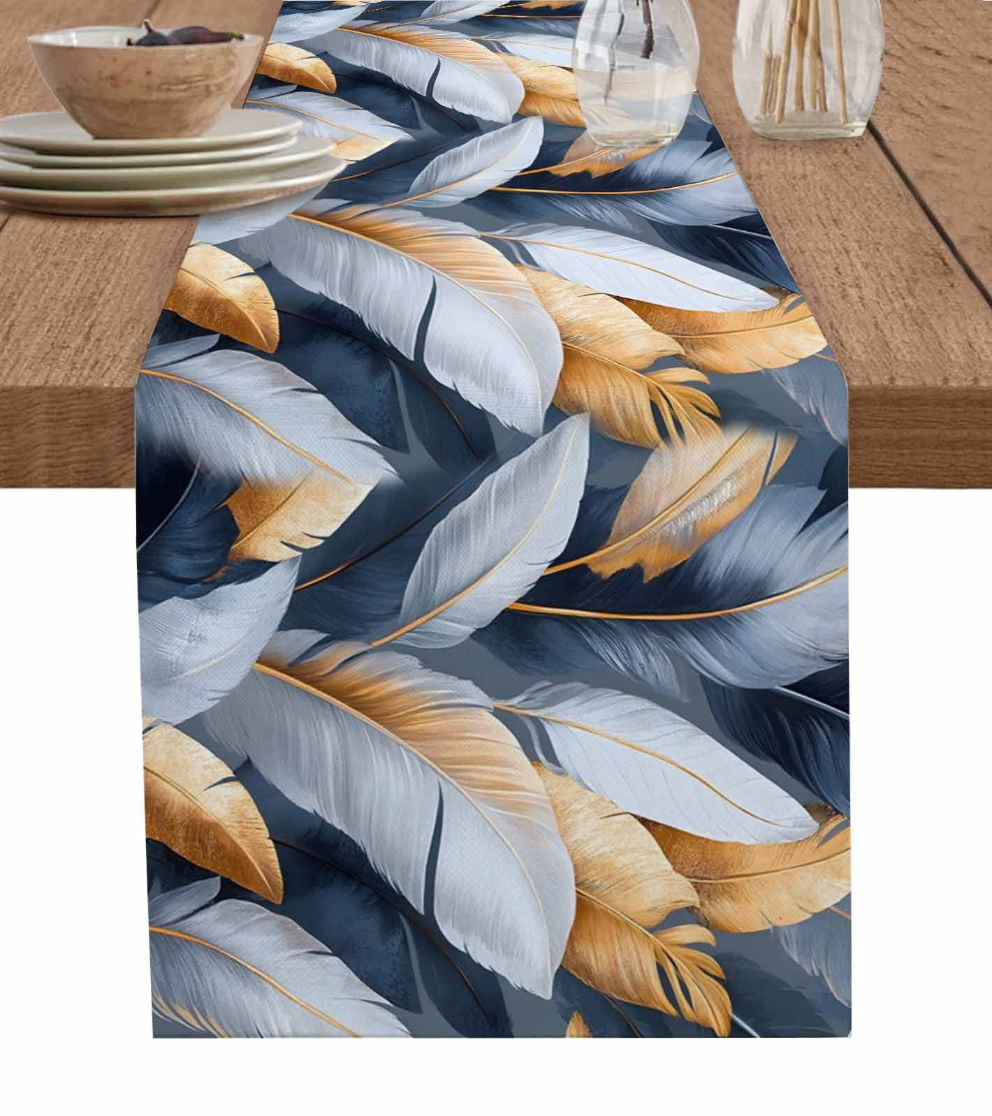 Feather Table Runner 72 Inches, Orange White Blue Oil Painting Modern Abstract Bed Runner ...