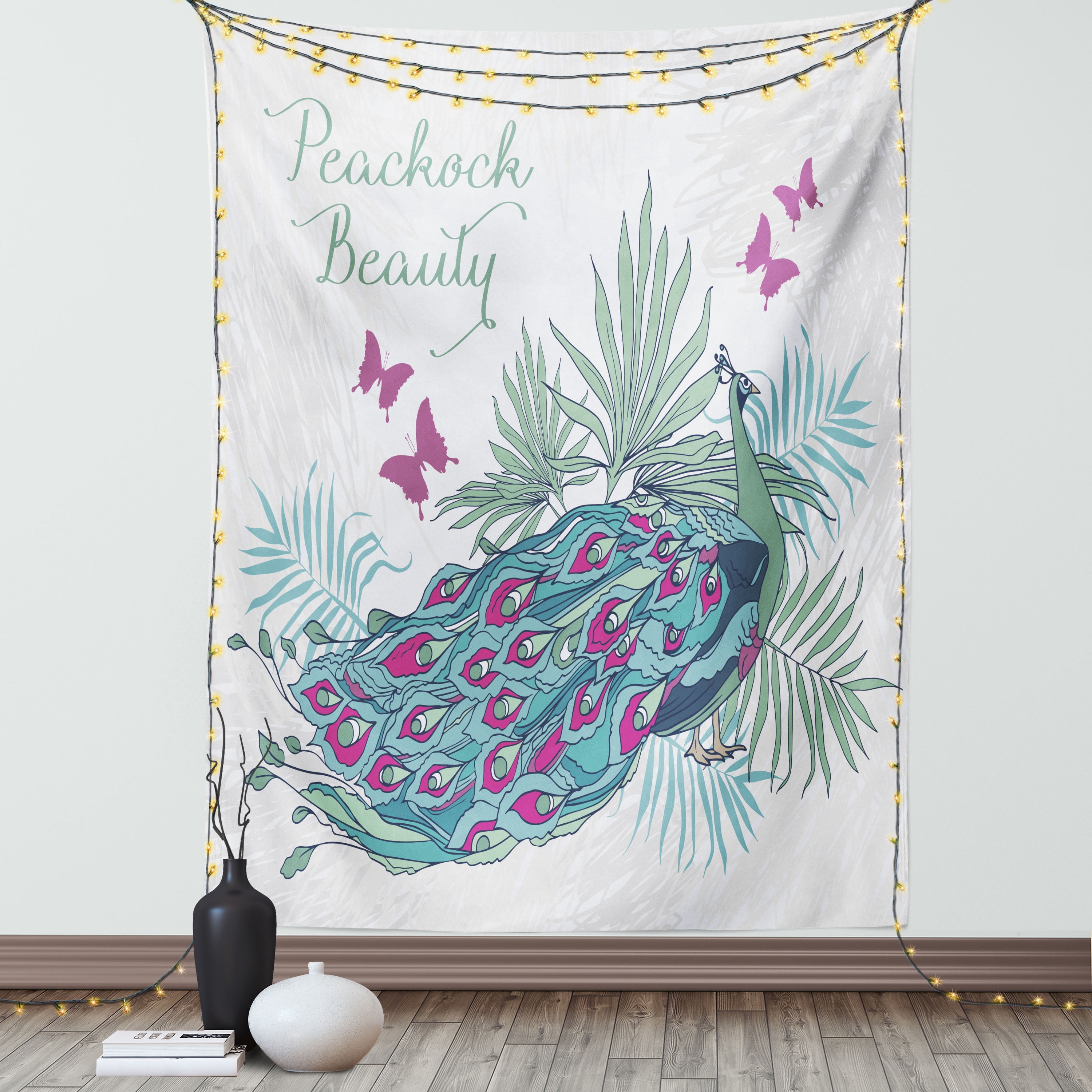 Feather Tapestry, Peacock Beauty Lettering with Butterflies Palm Leaves ...