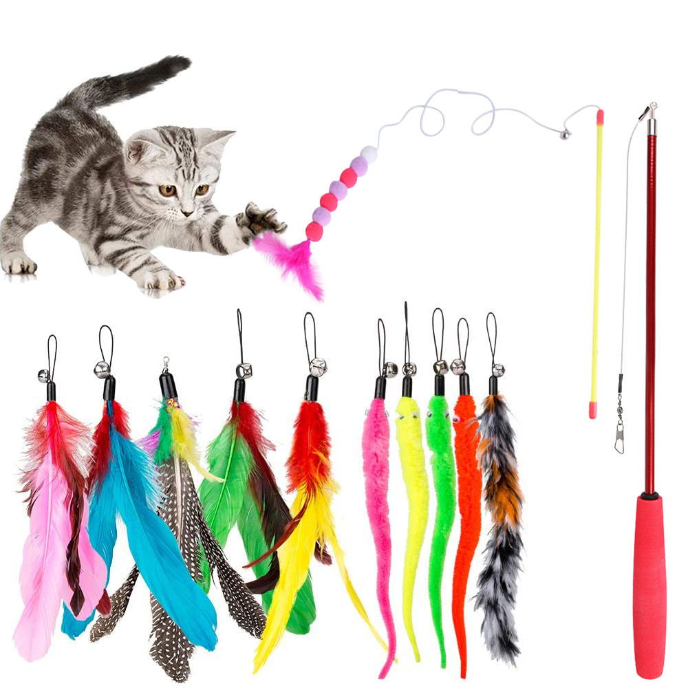 Feather Teaser Cat Wand Toy,12PCS Retractable Cat Toy with Bells and ...