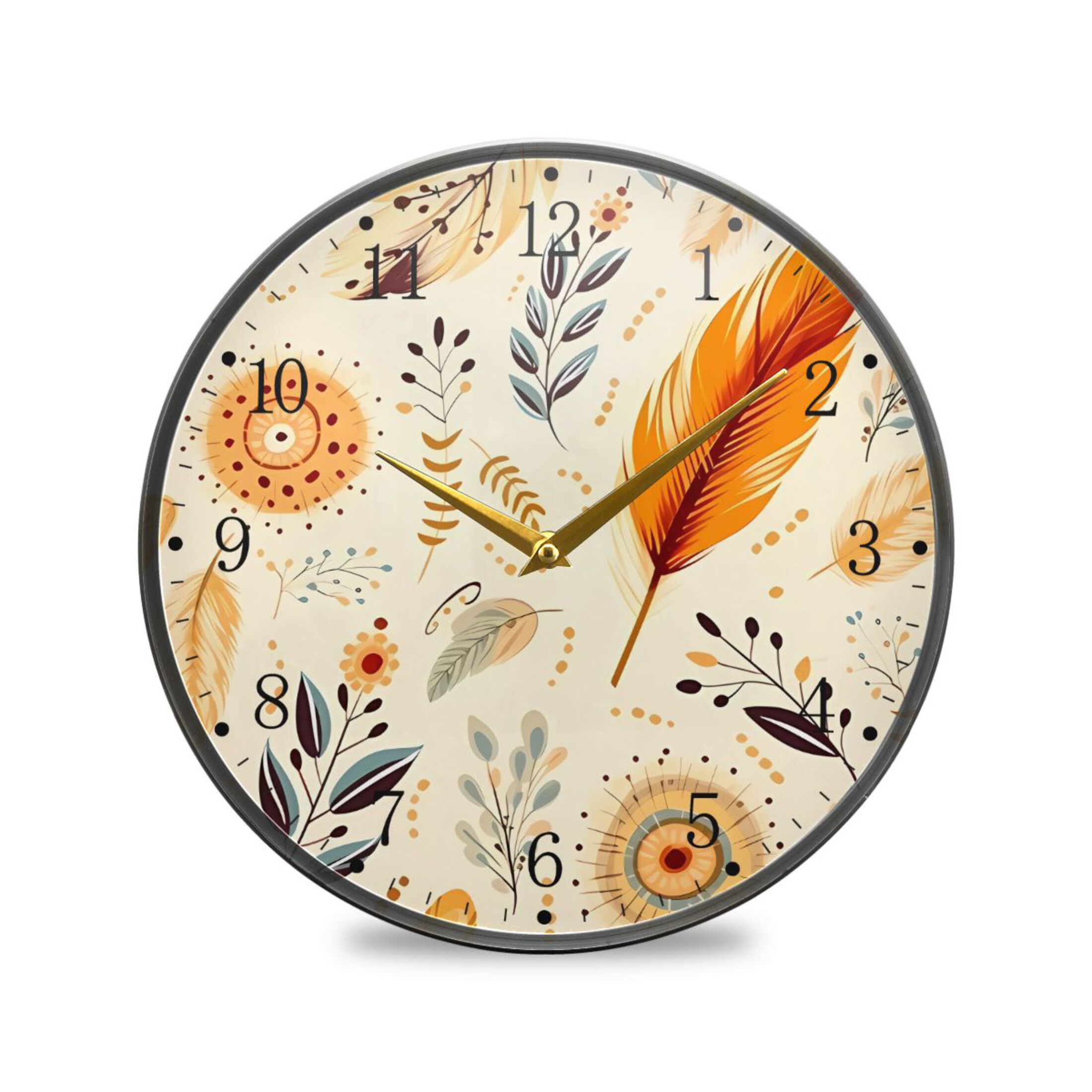 Feather with Leaves Acrylic Wall Clocks Quiet Round Clock Battery ...