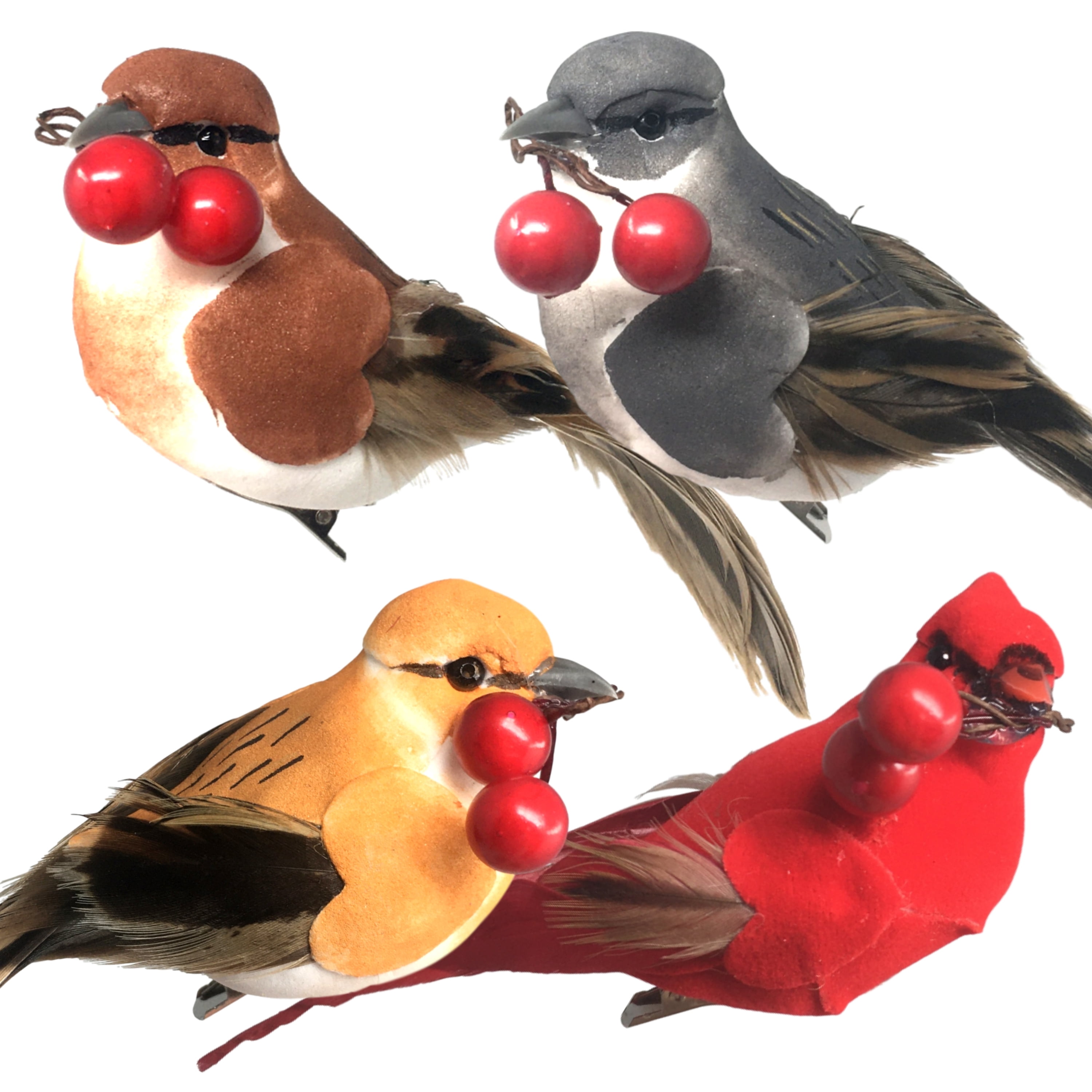 Feathered Song Bird Clip-On Ornaments - Set of 8 - Carrying Red Berries ...
