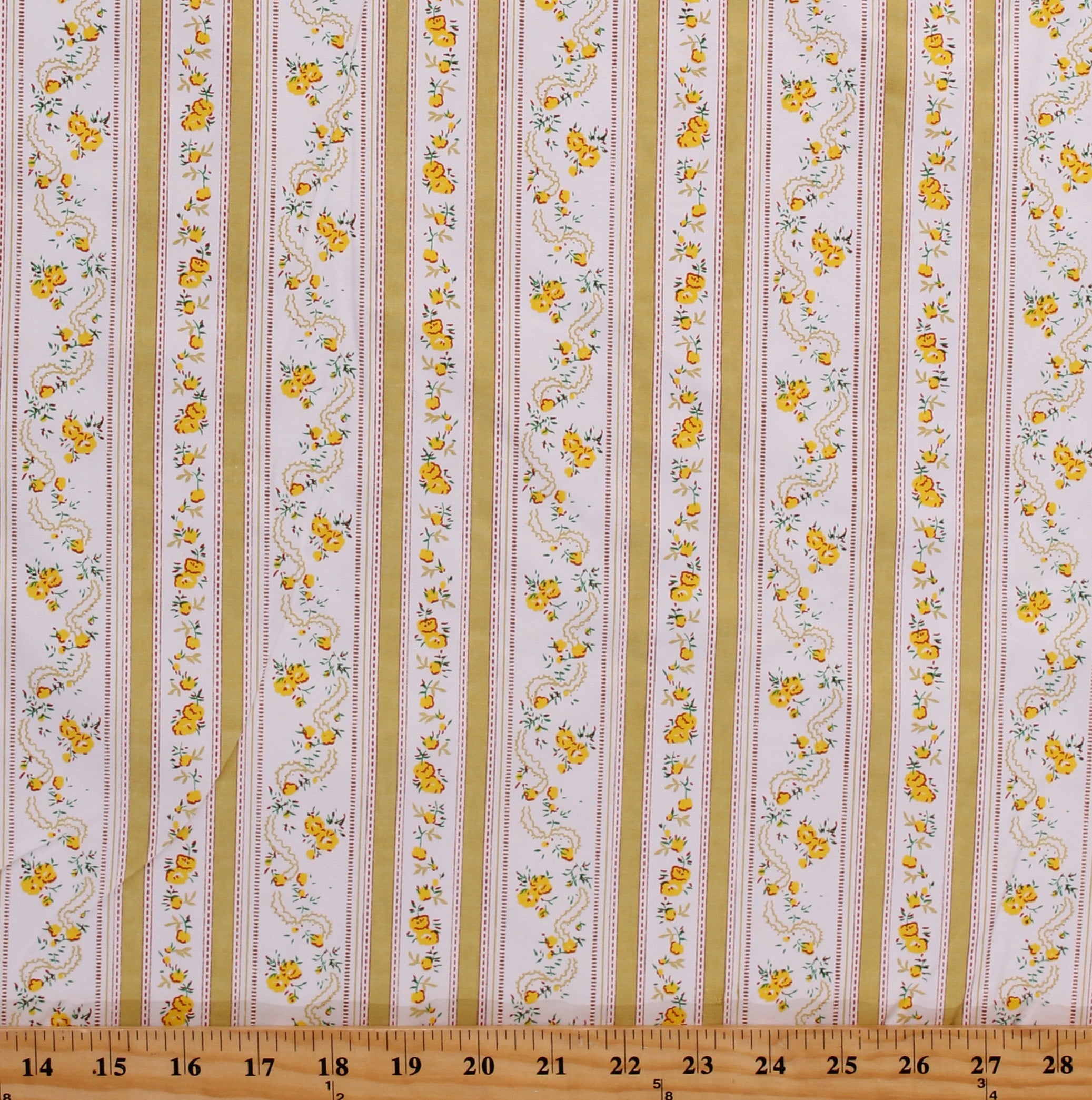 Featherproof Ticking Yellow Floral Stripe Flowers on White 42" Wide ...