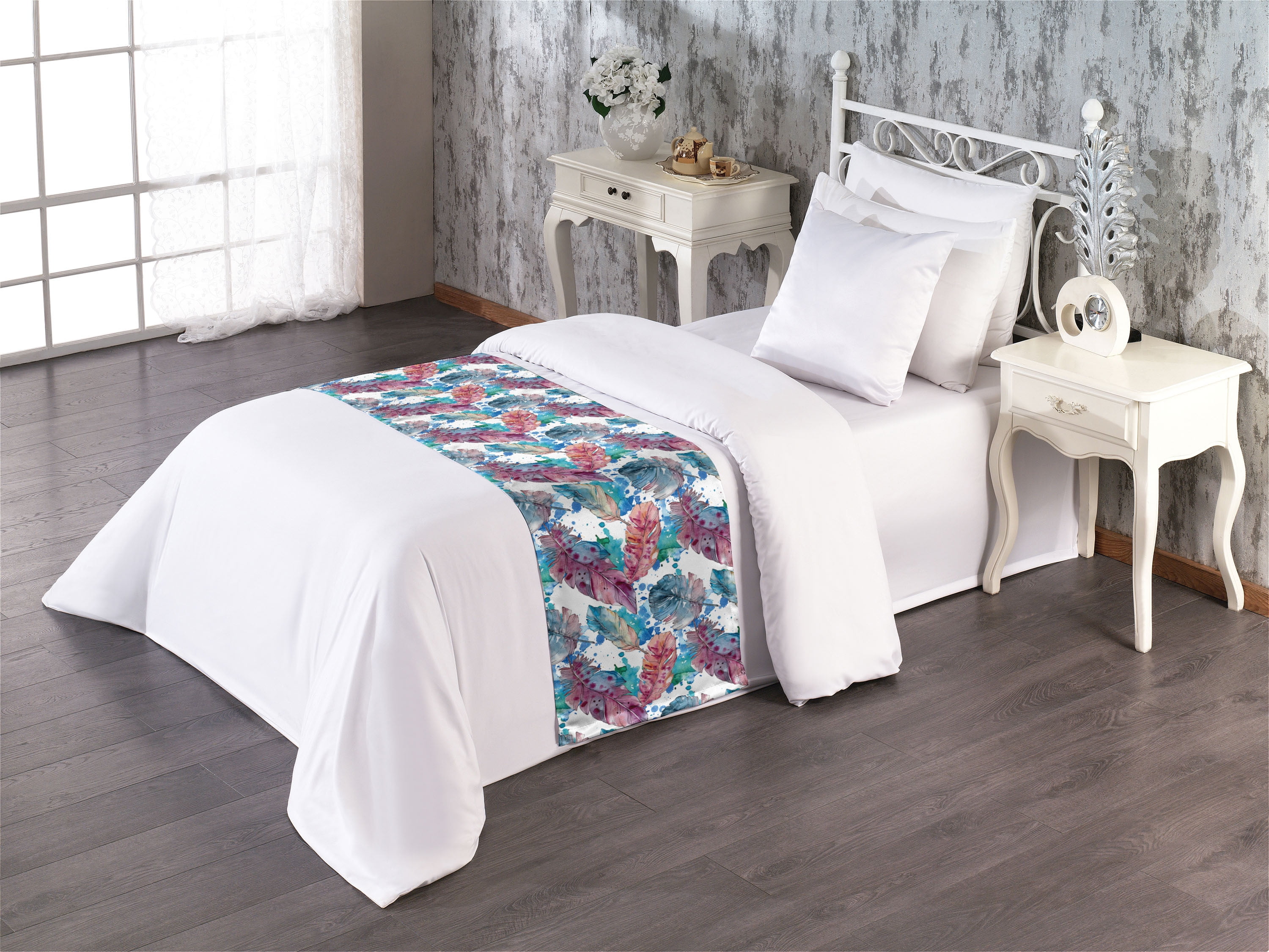 Feathers Bed Runner, Watercolor Modern Boho Motif with Splash of Colors ...