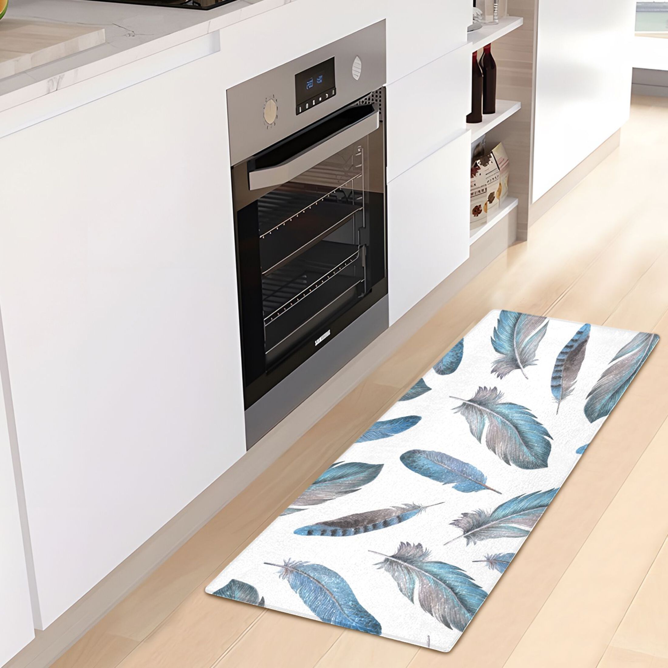 Feathers Blue Luxury Kitchen Rug Non Slip Bathroom Plush Mat Shaggy ...